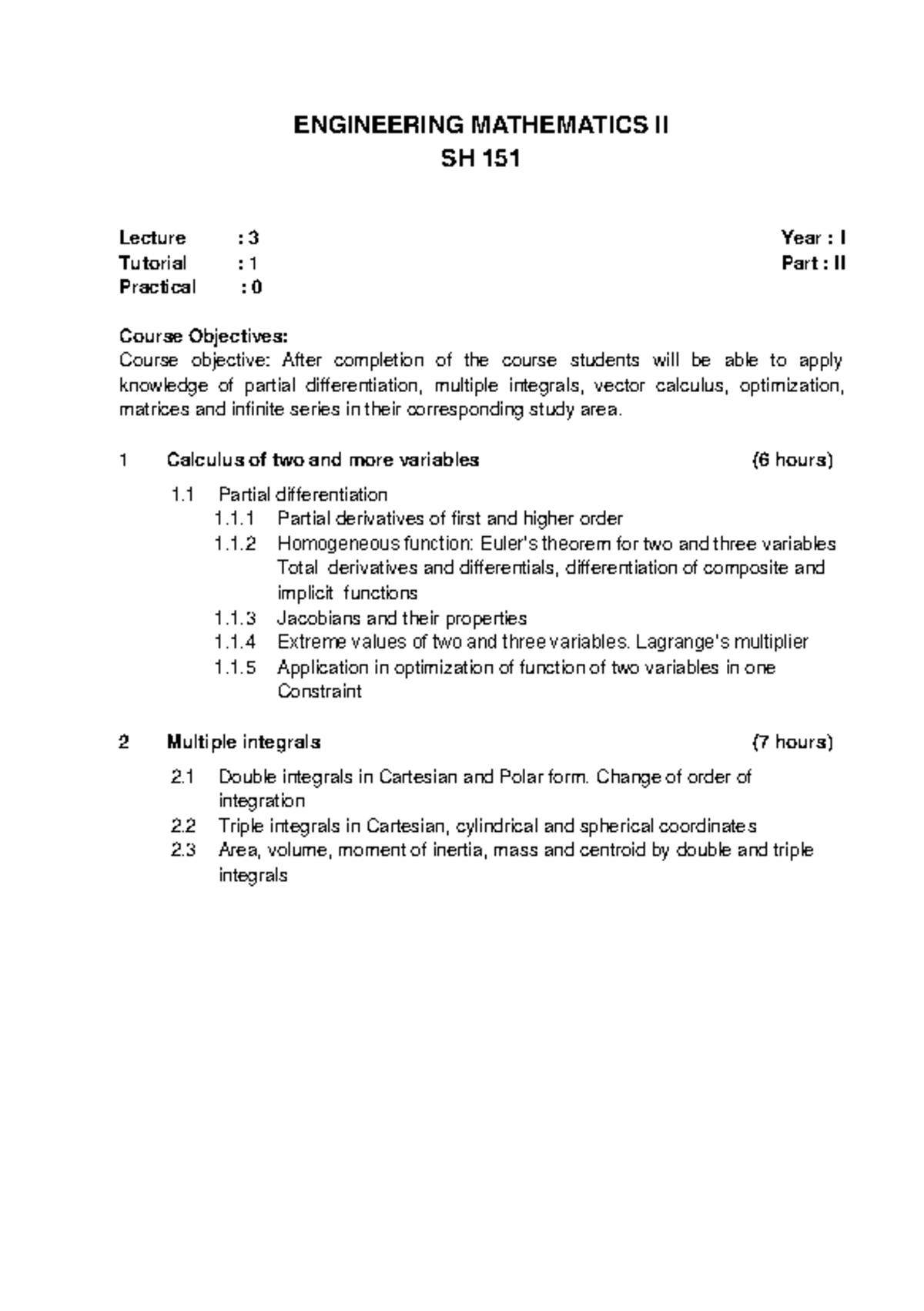 Engineering Mathematics II SH 151 Lecture Notes and Tutorials - Studocu