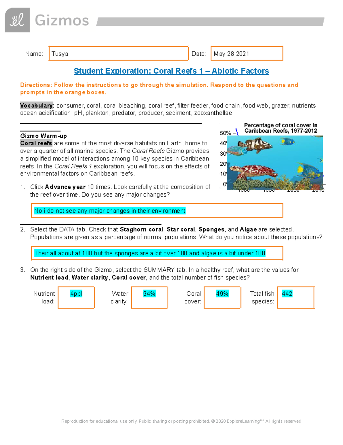 Gizmo Coral Reefs Exploration 1SE - Abiotic Factors by Tusya Patel ...