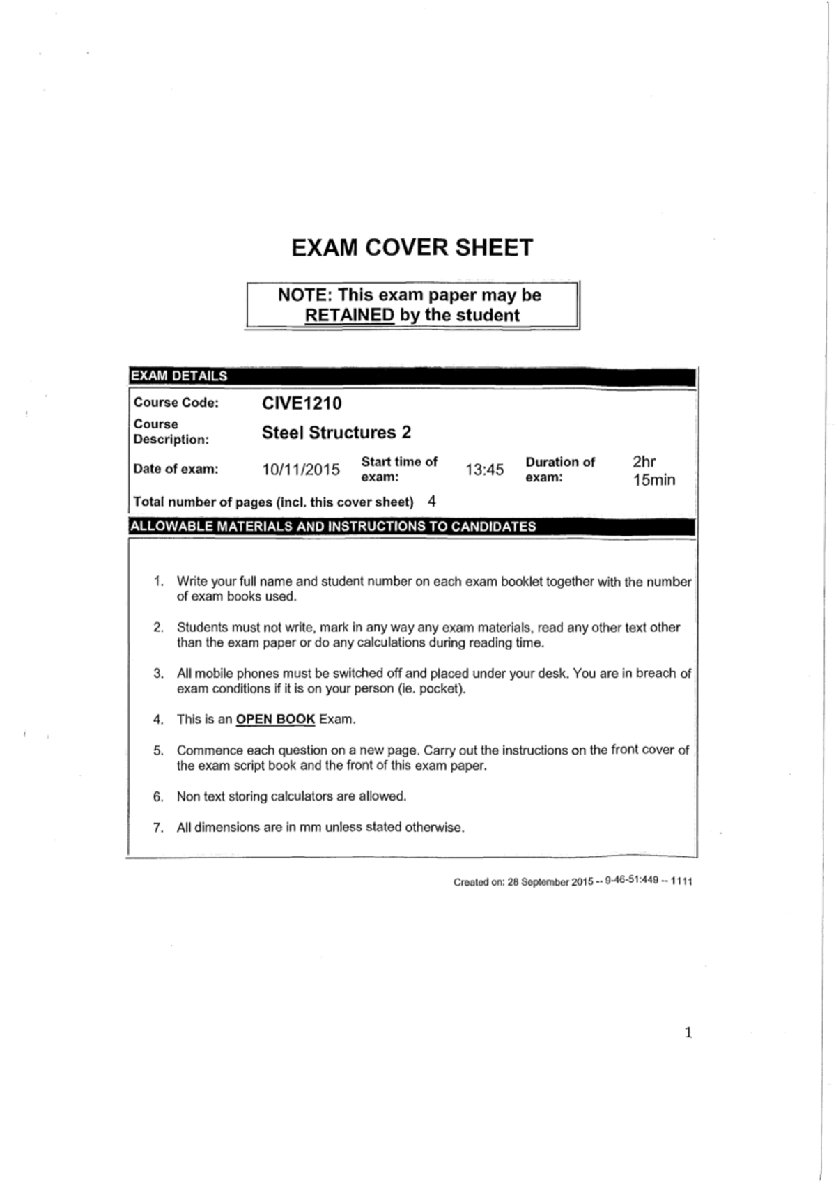 CIVE1210 Final Exam Cover Sheet and Instructions for Steel Structures 2 ...