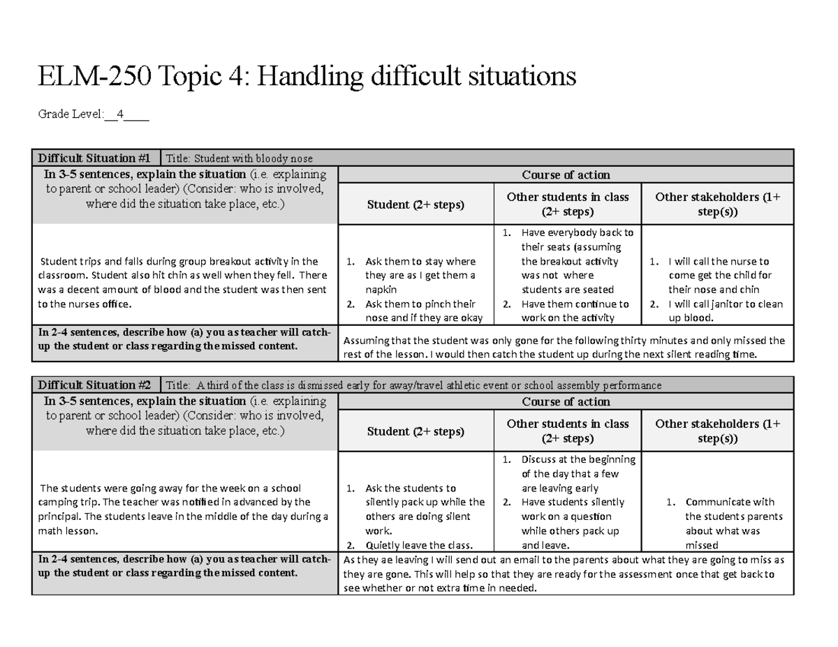 ELM250 - Strategies for Managing Difficult Classroom Situations - Studocu