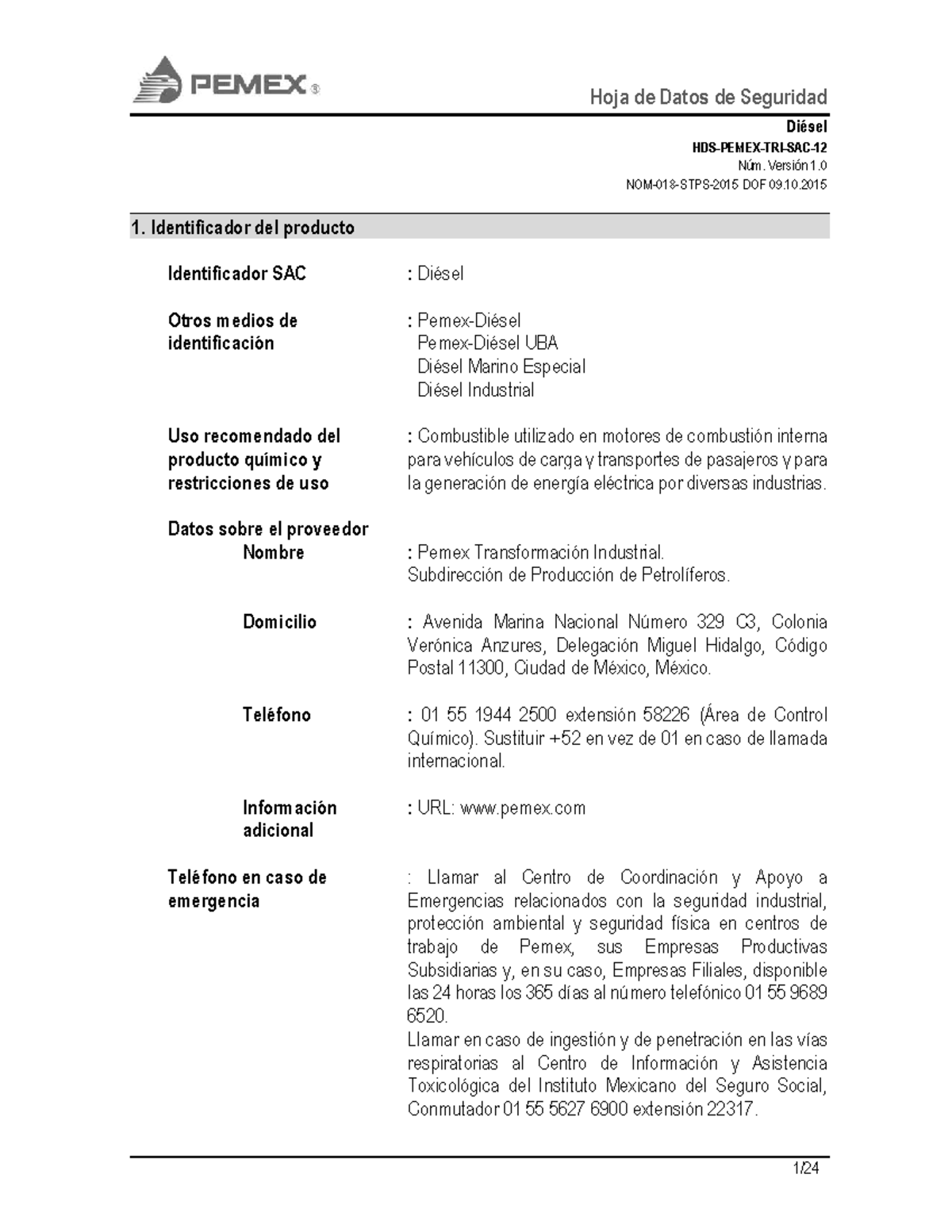 Hoja de Datos de Seguridad para Diésel GHS - Versión 1.0 DOF 09.10.2015 ...