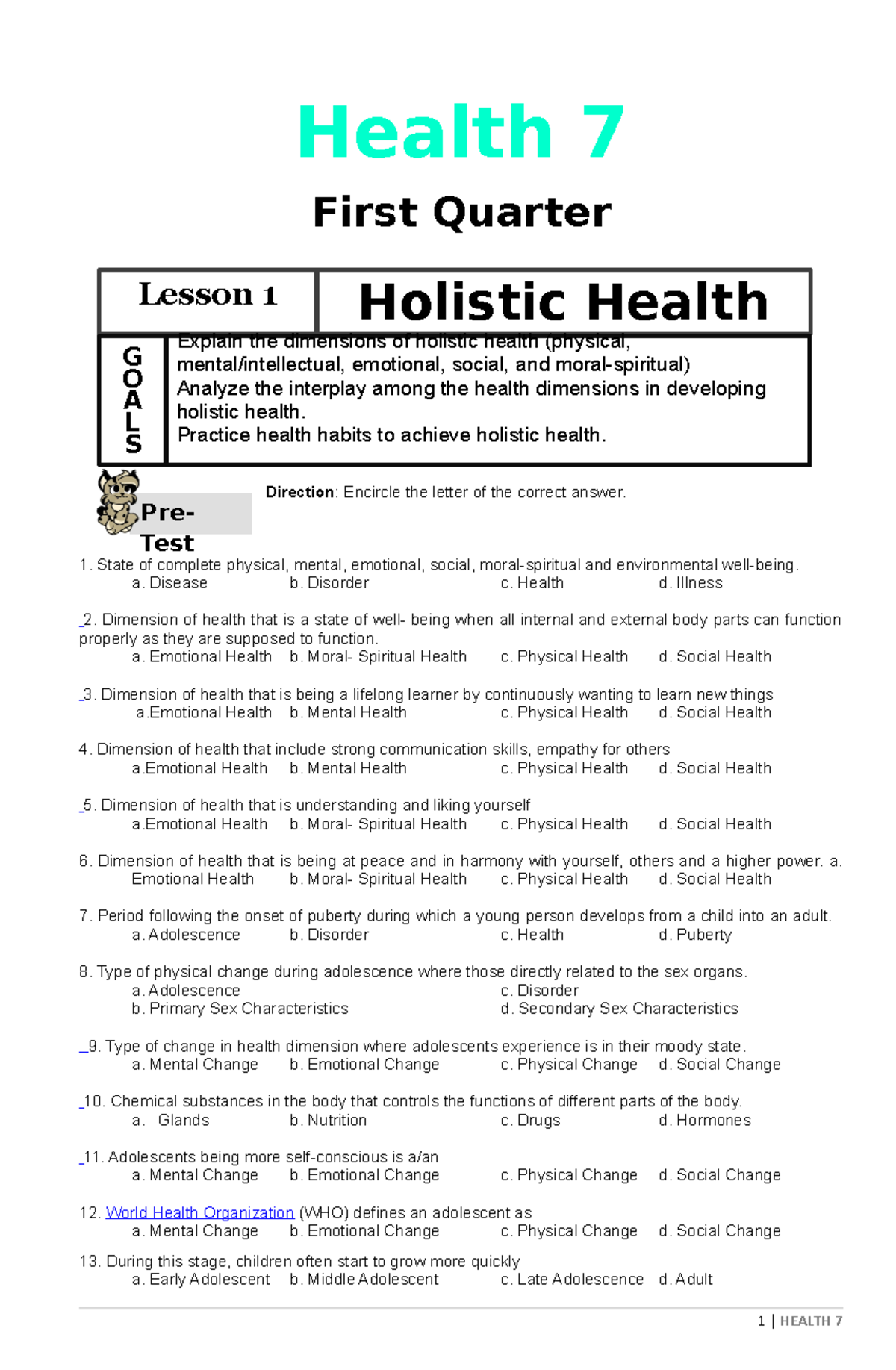 1st Quarter Health 7 Module - Health 7 First Quarter Direction ...