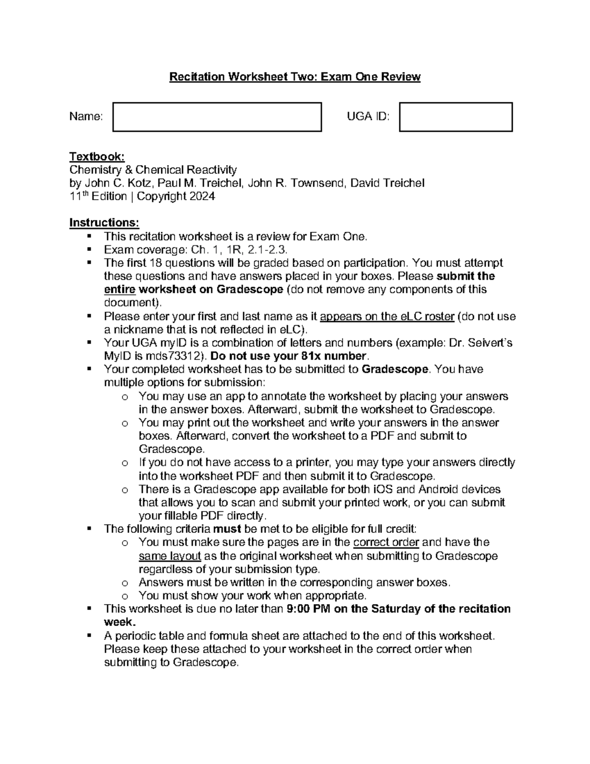 Recitation Worksheet 2: Chemistry Exam 1 Review (Ch. 1, 1R) - Studocu