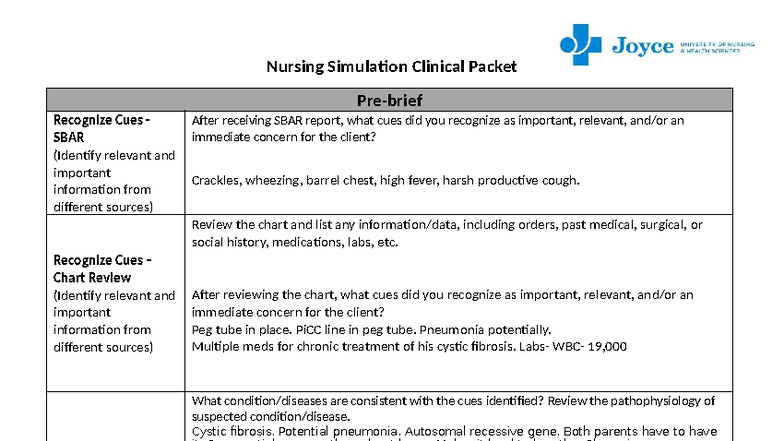 Nursing Simulation Clinical Packet: Cystic Fibrosis & Pneumonia ...