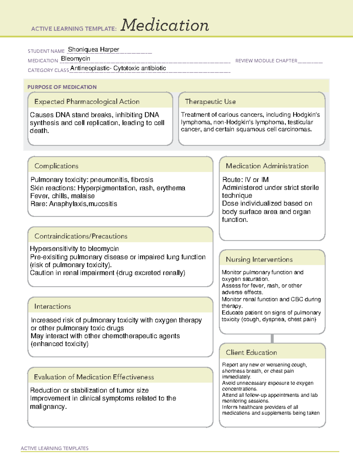 ACTIVE LEARNING TEMPLATE: Bleomycin Drug Card Review Module - Studocu