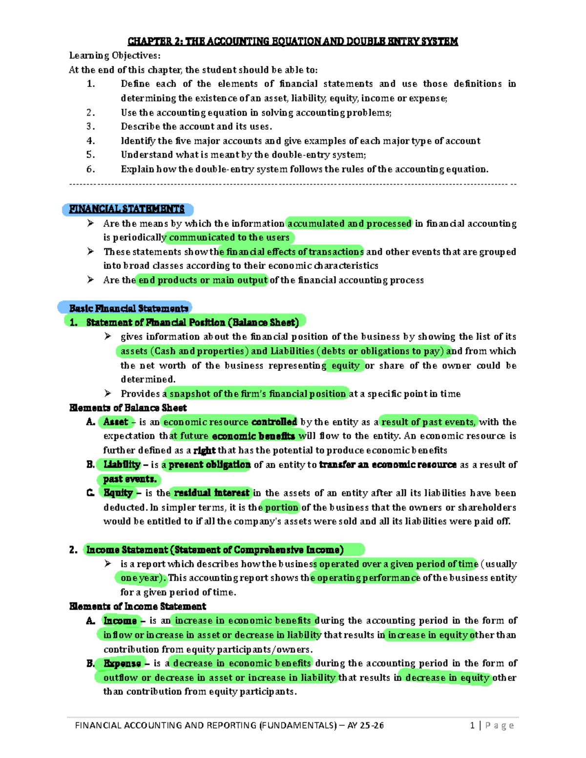 CHAPTER 2: ACCOUNTING EQUATION & DOUBLE ENTRY SYSTEM (FAR 101) - Studocu