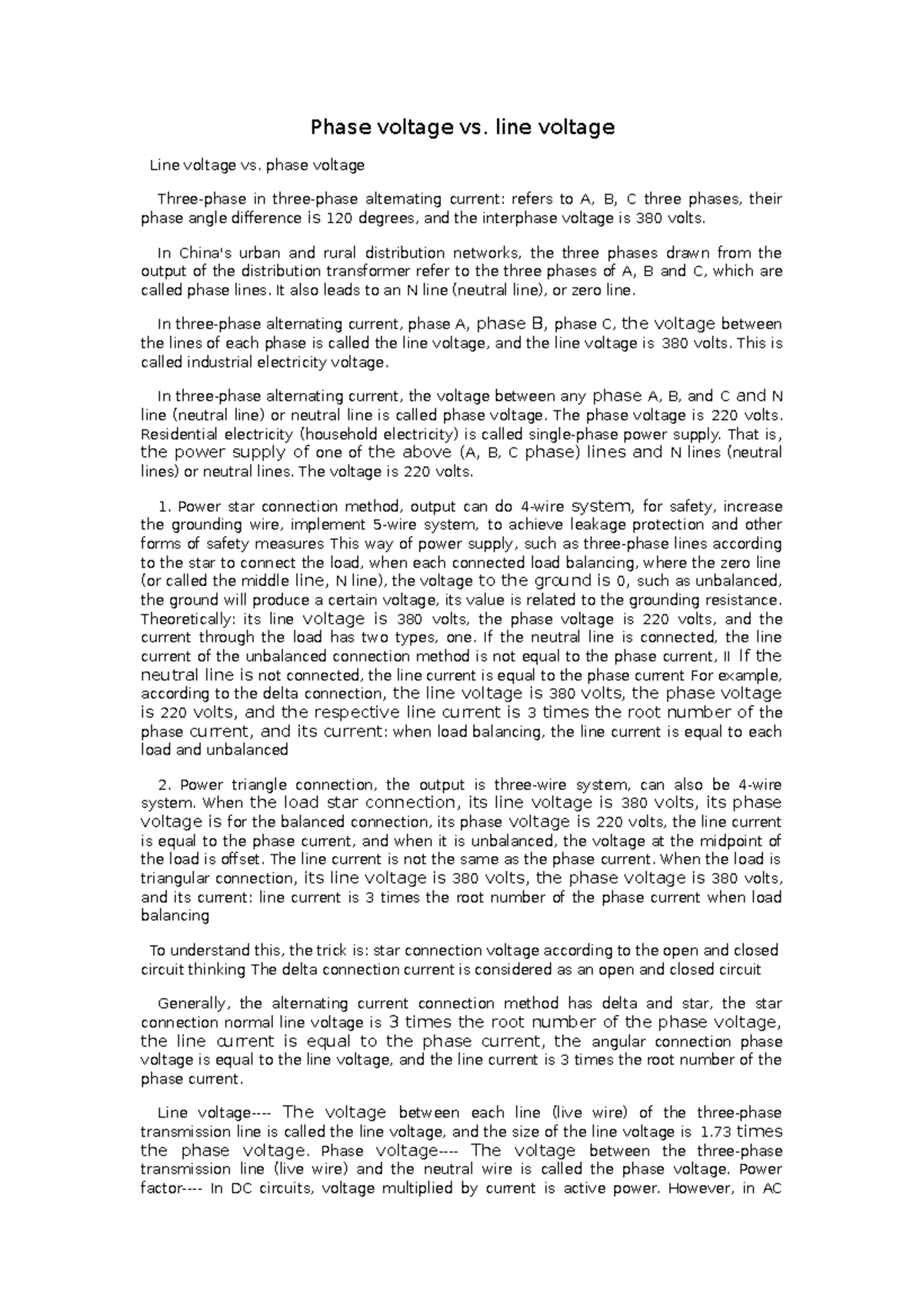 Phase voltage vs. line voltage - Phase voltage vs. line voltage Line ...