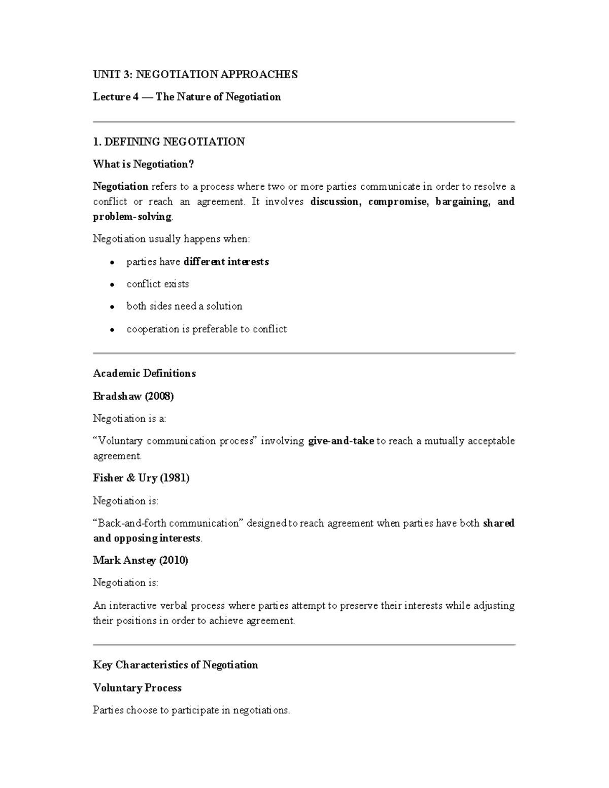 UNIT 3: NEGOTIATION APPROACHES Lecture 4 - Nature of Negotiation Notes ...