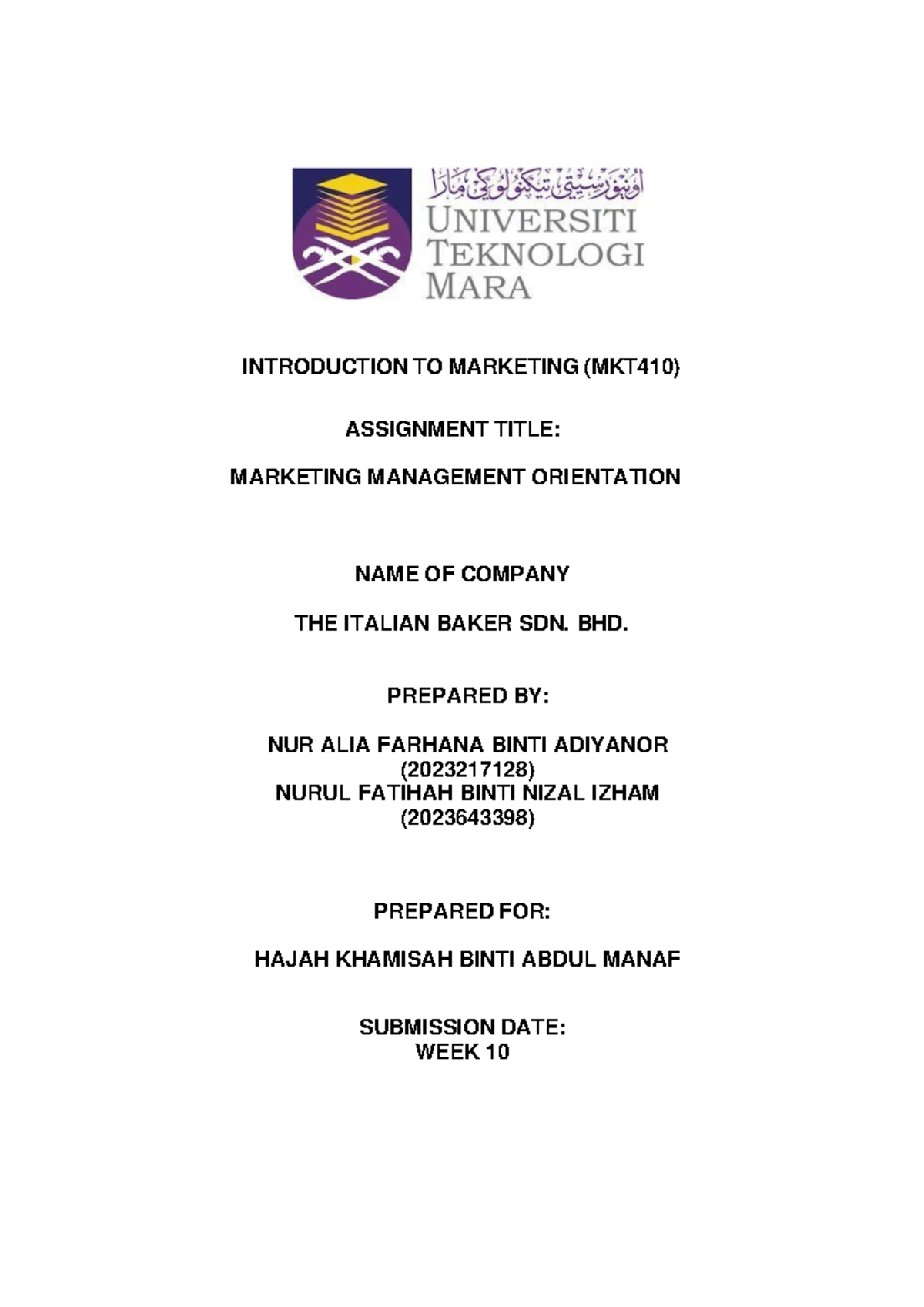 MKT410 Individual Assignment: Marketing Management at The Italian Baker ...