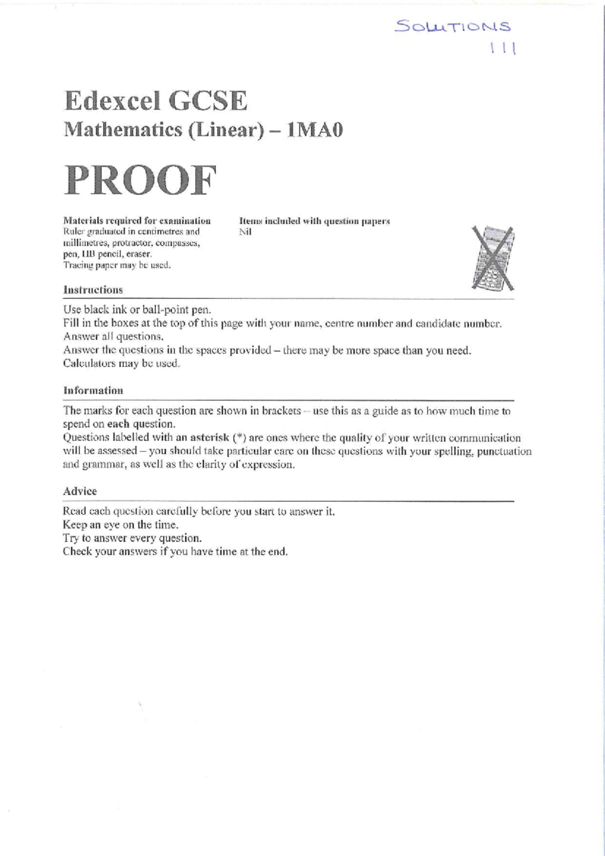 Edexcel GCSE Maths (1MA0) Proof Solutions and Exam Instructions - Studocu