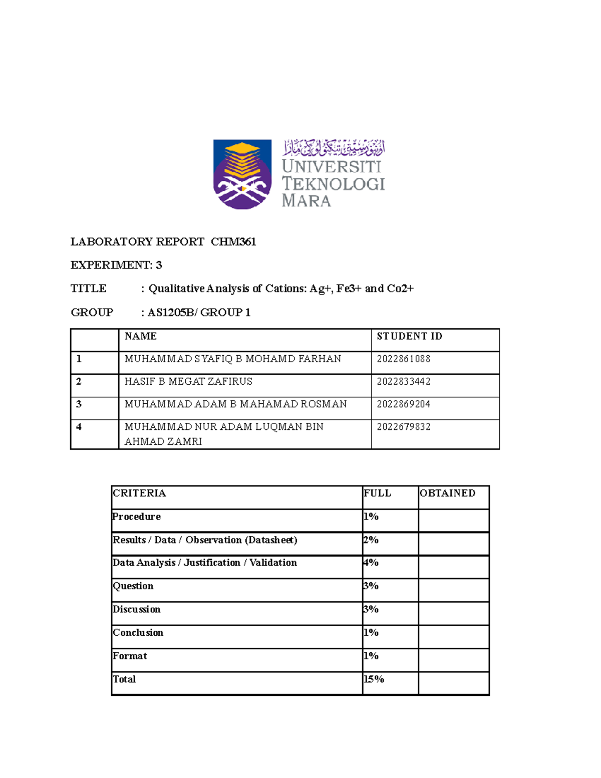 LAB Report EXP 1 CHM 361 - lab fu;; - LABORATORY REPORT CHM EXPERIMENT ...