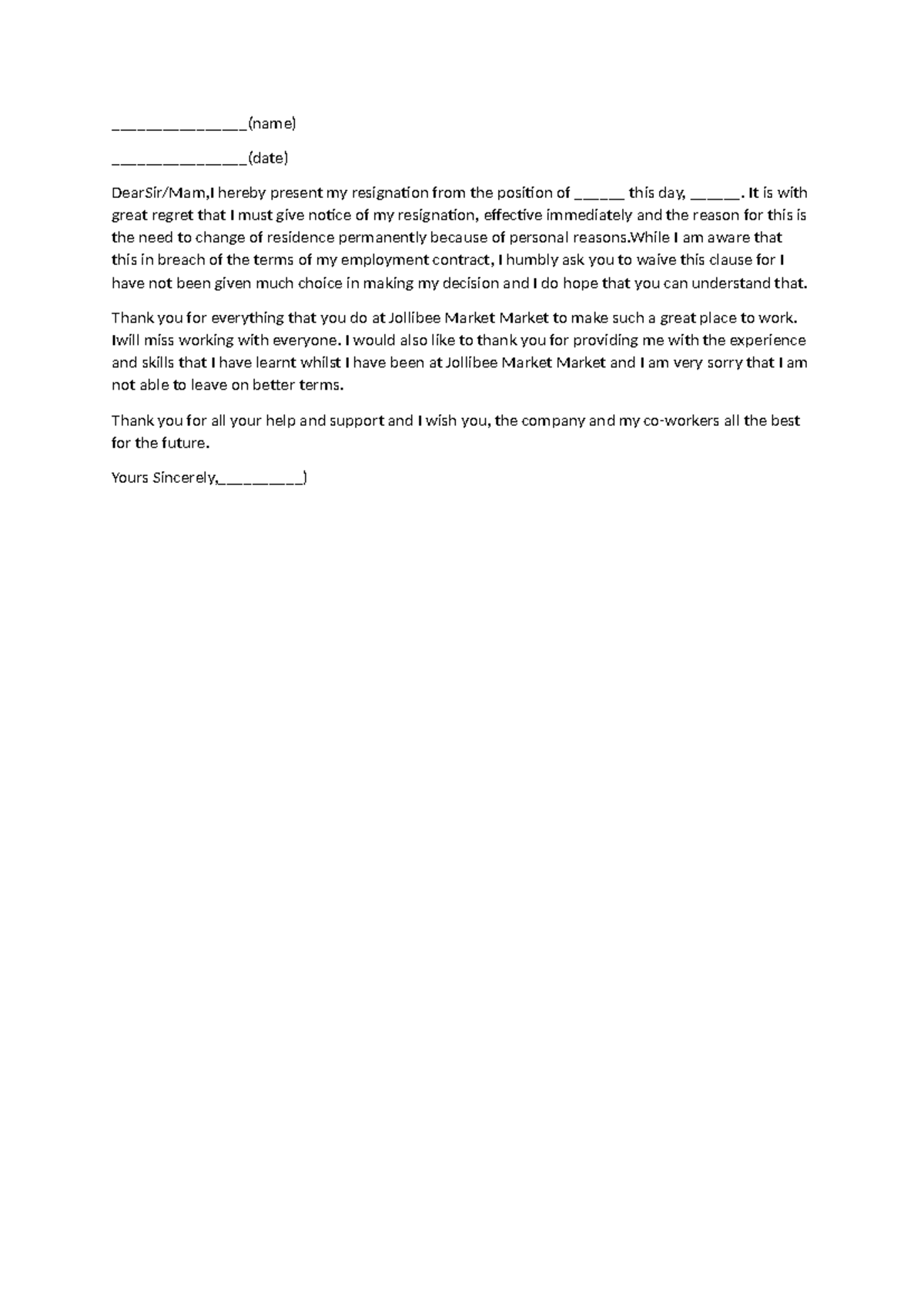 Resignation Letter Example: Immediate Notice of Departure - Studocu
