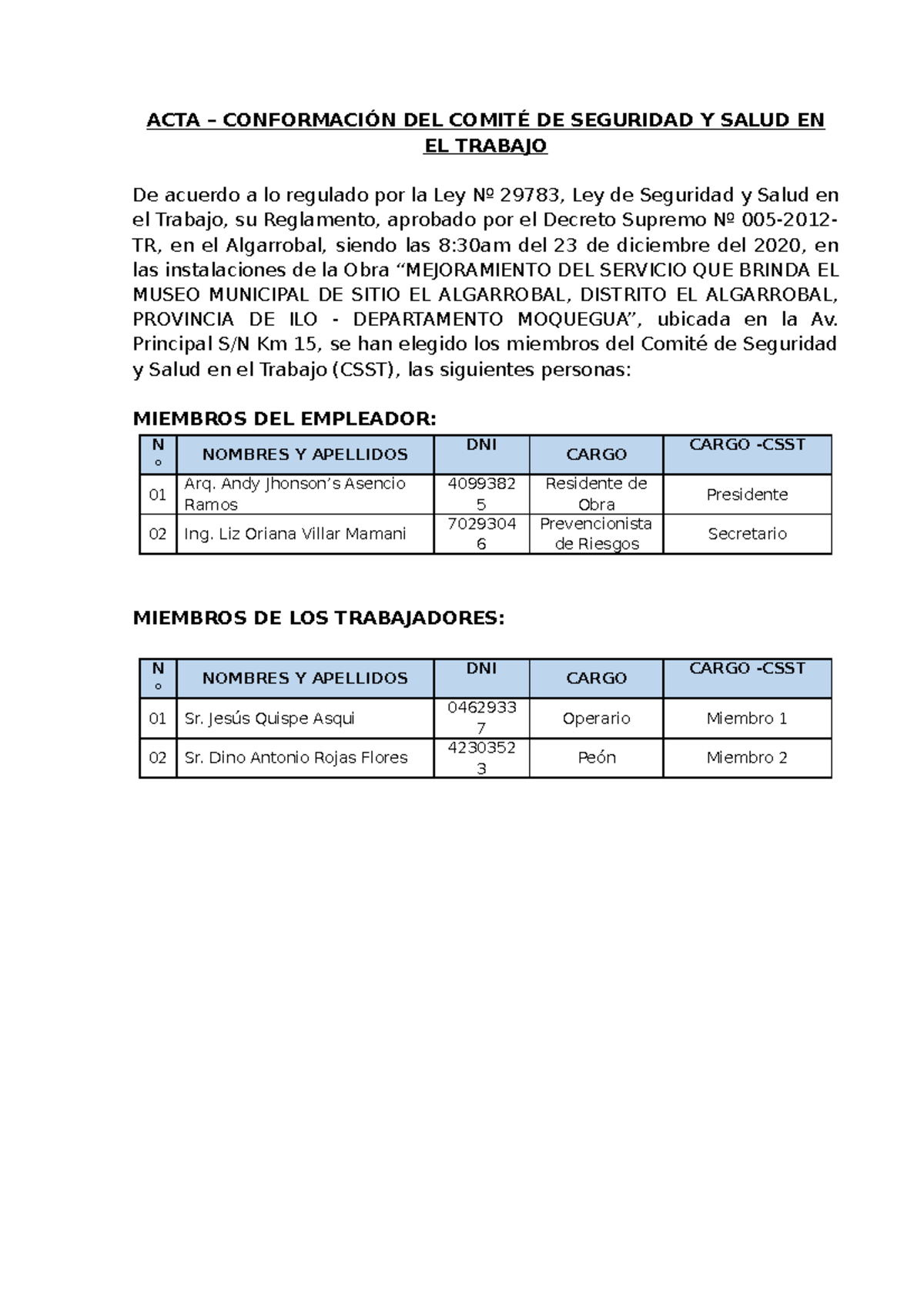Acta de Conformación del Comité de Seguridad y Salud - 2020 - Studocu