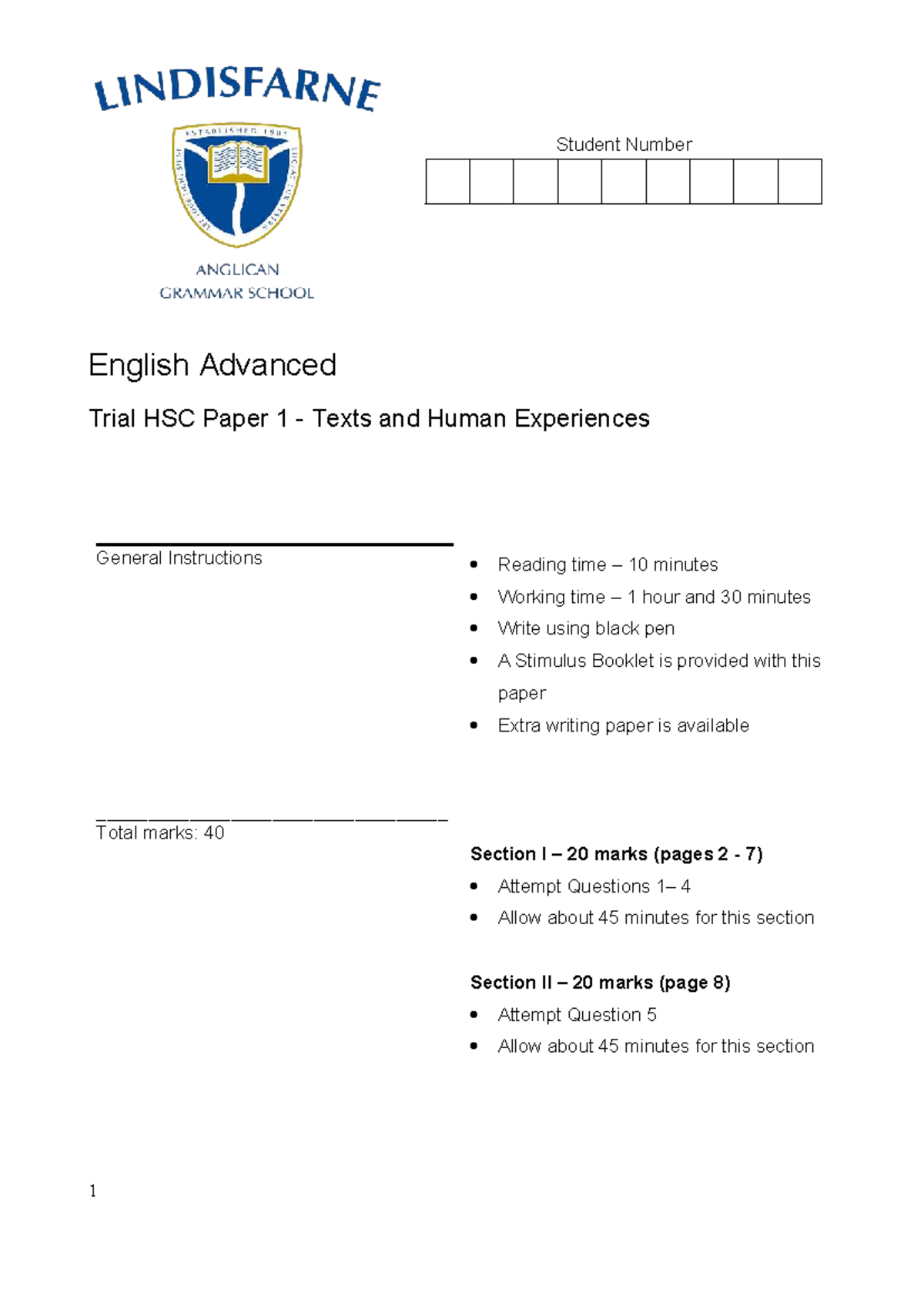 2020 HSC English Advanced Trial Paper 1: Texts & Human Experiences ...