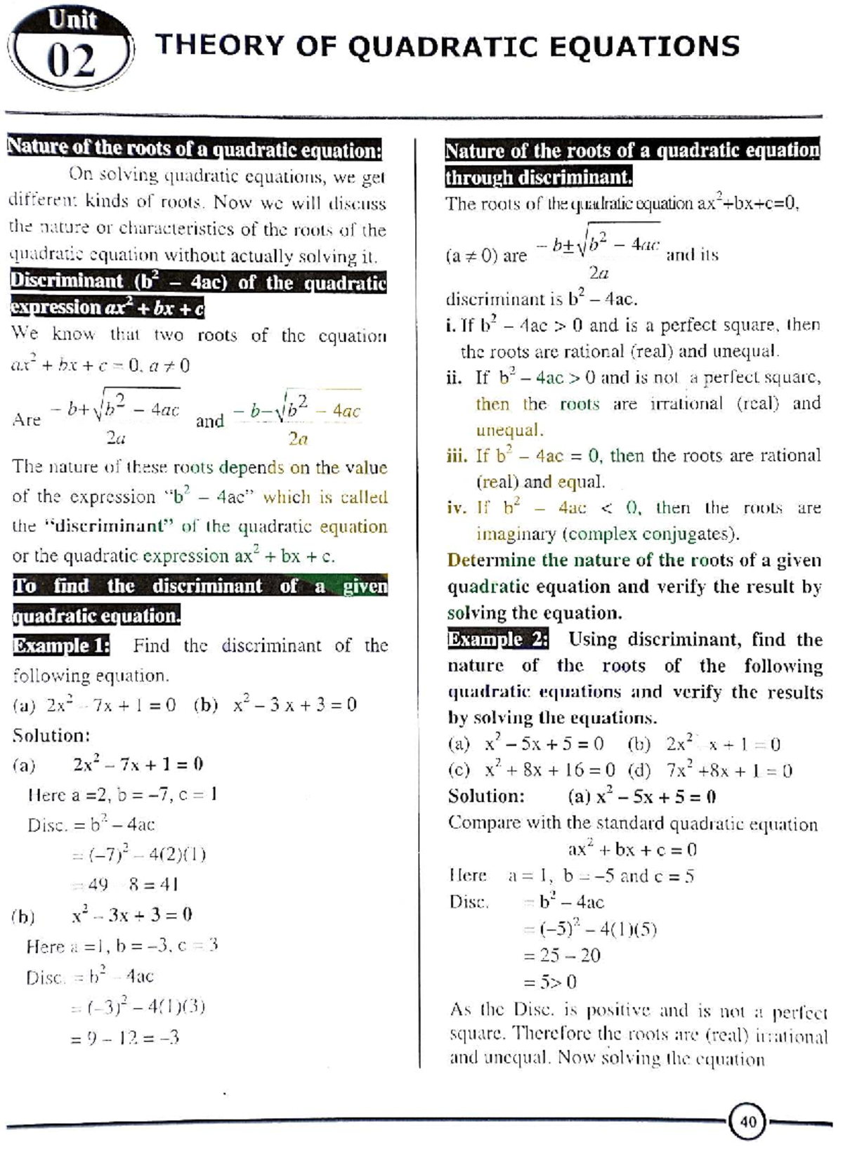 Algebra 10 - Chapter 2: Theory of Quadratic Equations and Roots - Studocu