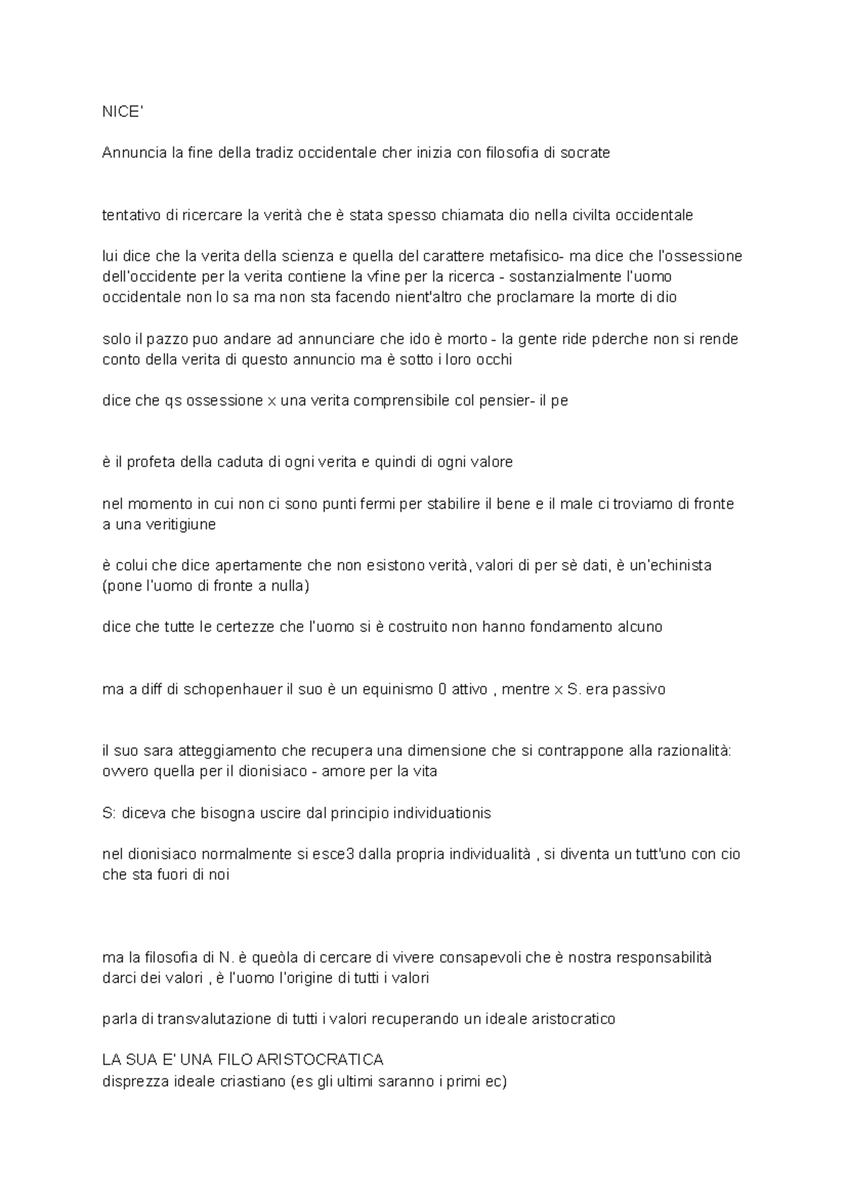NICE' - Appunti sul Pensiero di Nietzsche per il Quinto Anno - Studocu