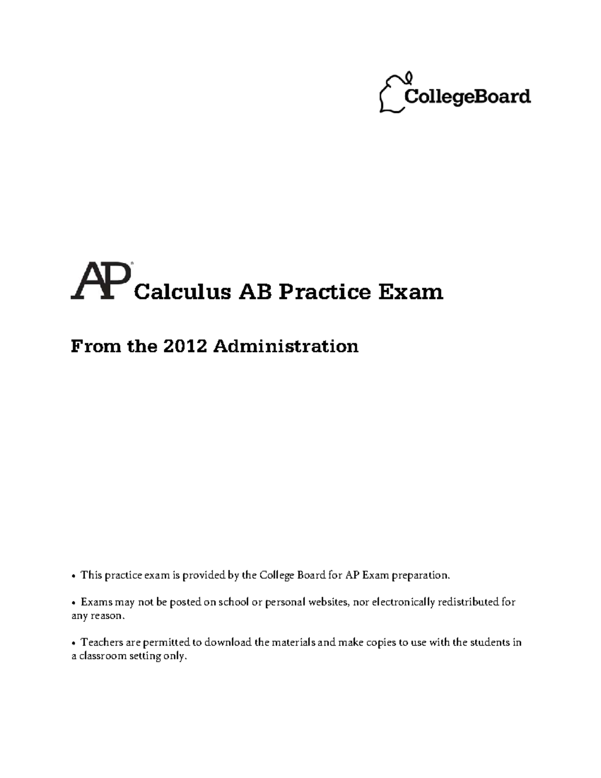 AP Calculus AB 2012 Practice Exam Details and Instructions - Studocu