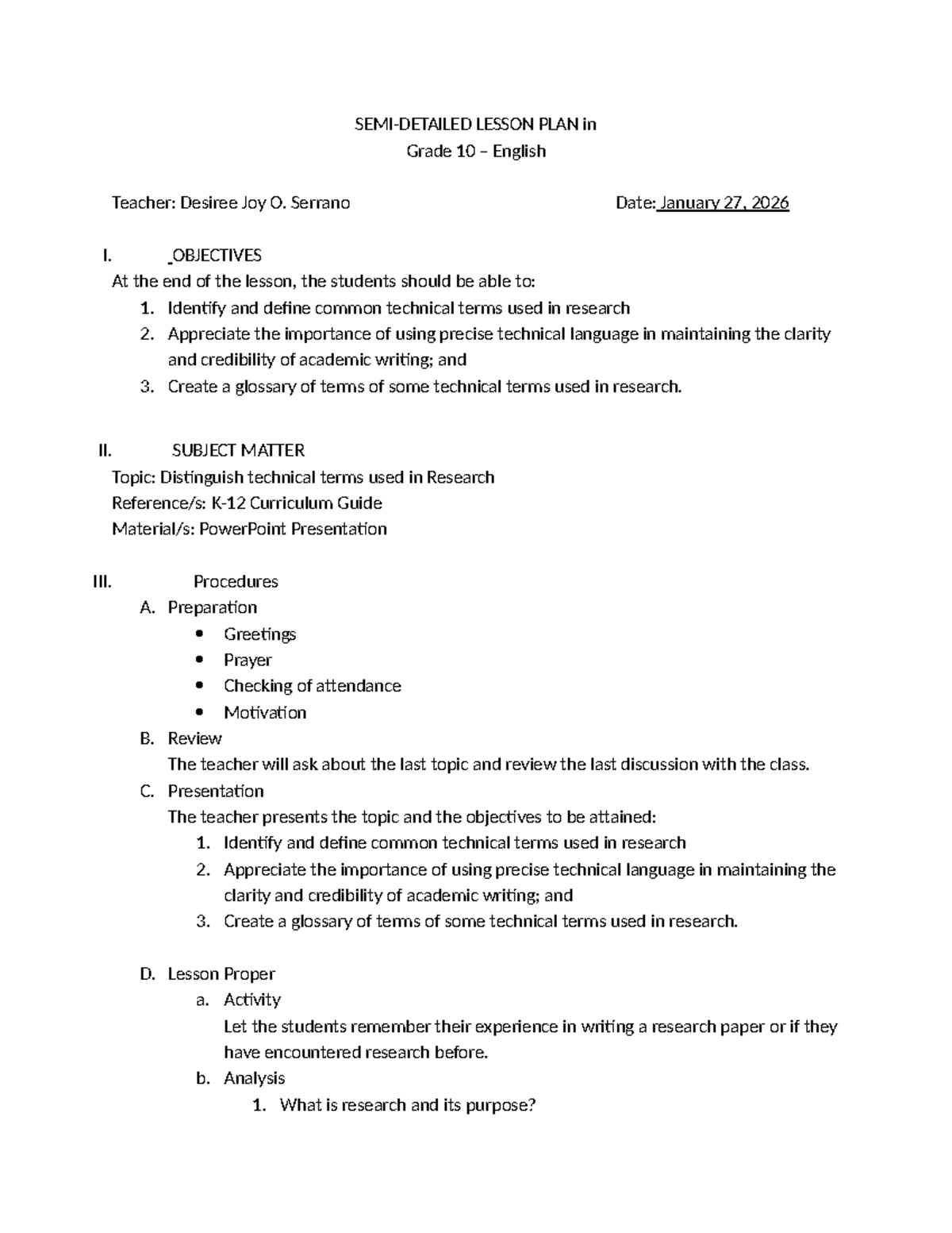 SDLP G10 English Lesson Plan: Understanding Research Terminology - Studocu