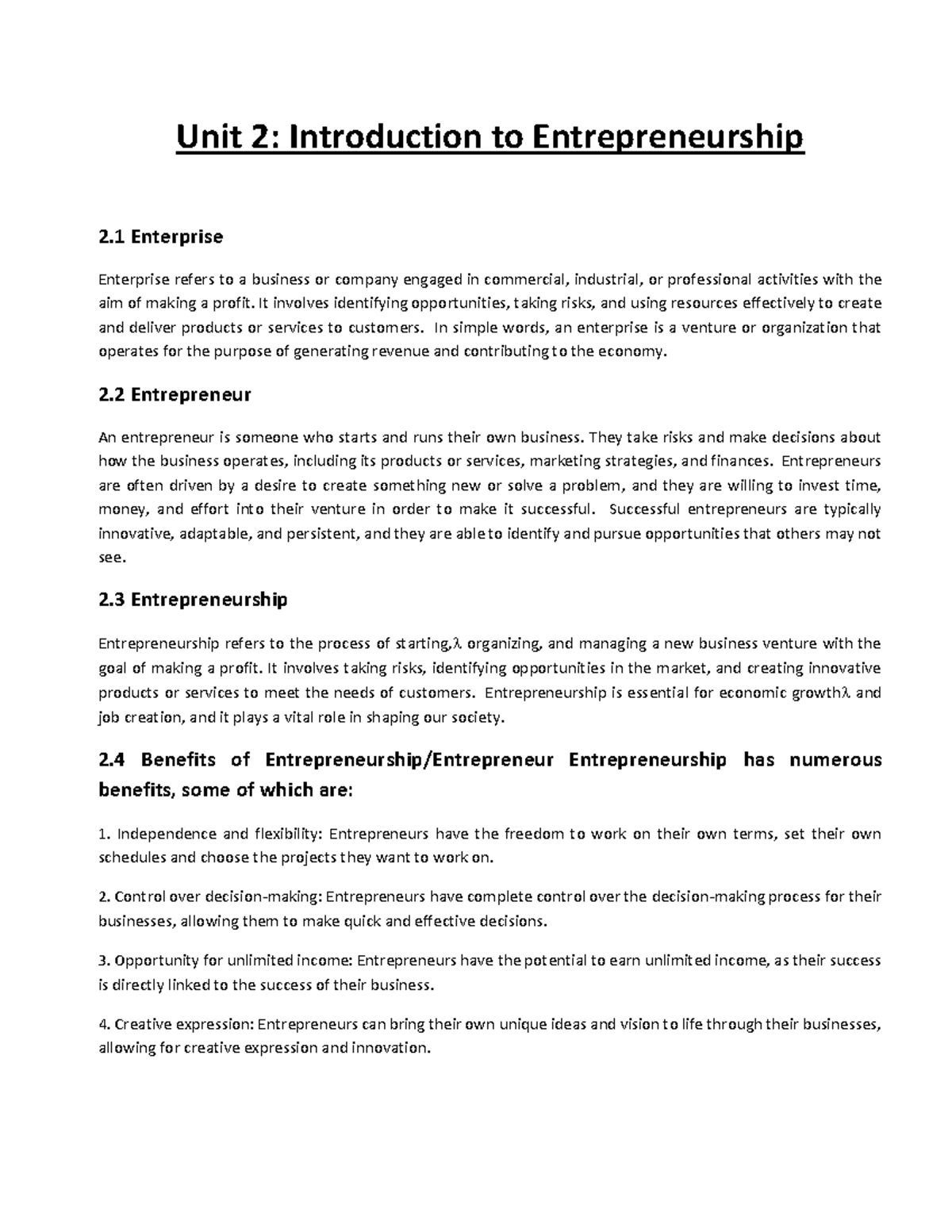 IBM Unit 2: Intro to Entrepreneurship & Its Economic Impact - Studocu