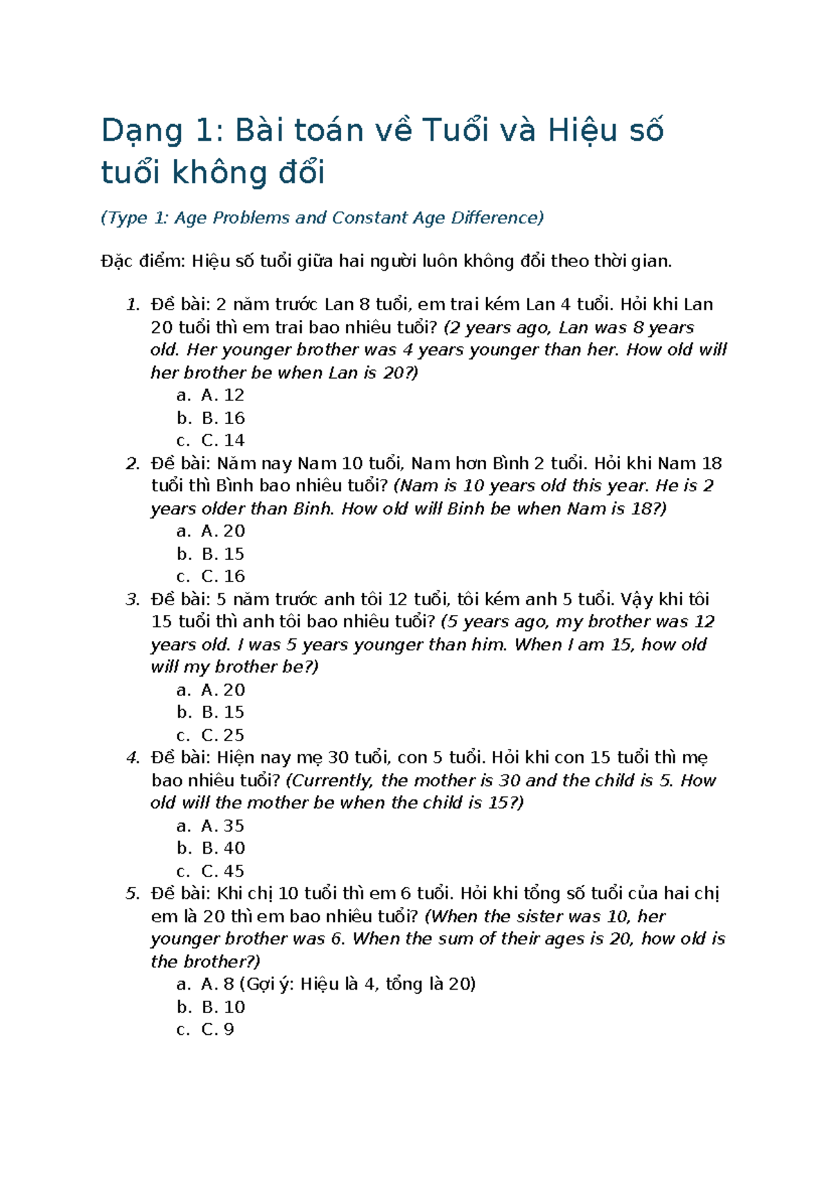 Đề Ôn Tập Toán: Dạng Bài Toán Tuổi và Thời Gian (Math Review: Age and ...