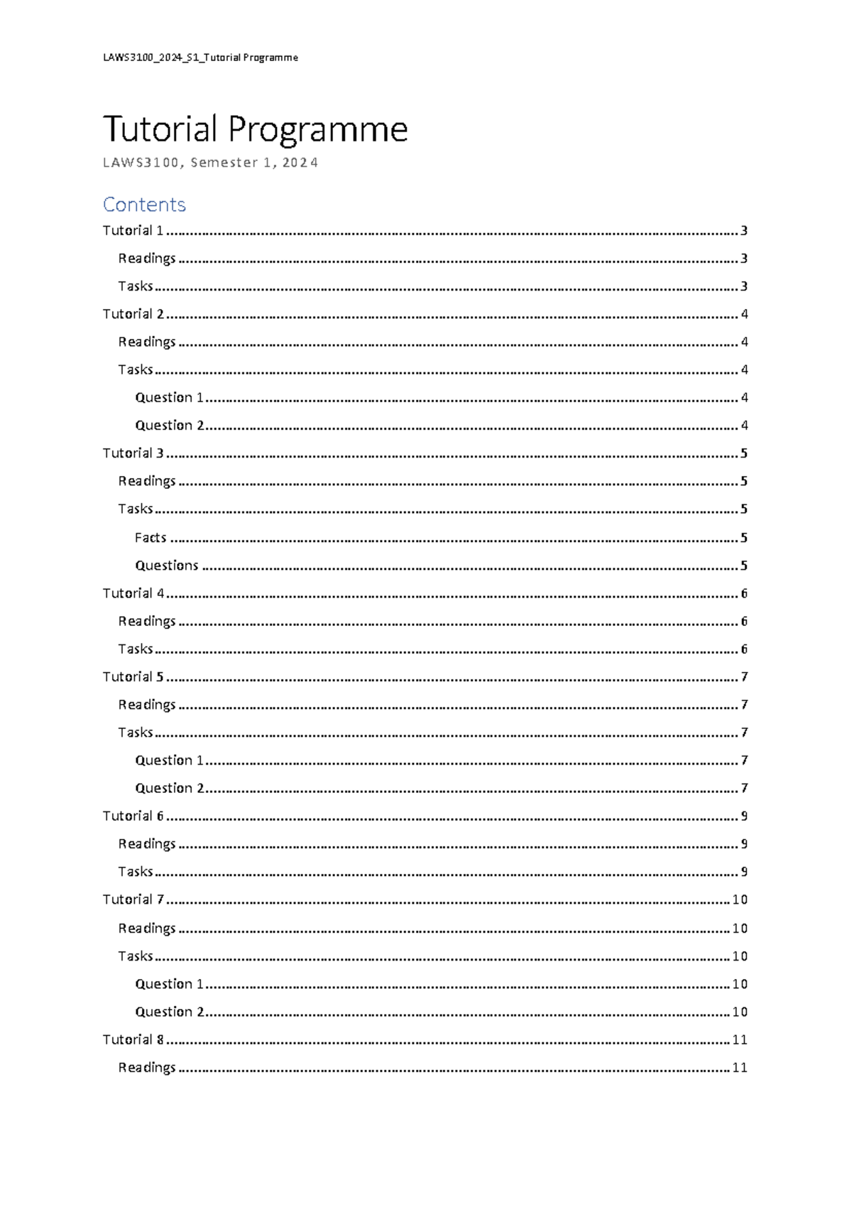 LAWS3100 S1 2024 Tutorial Programme Overview and Tasks Guide - Studocu
