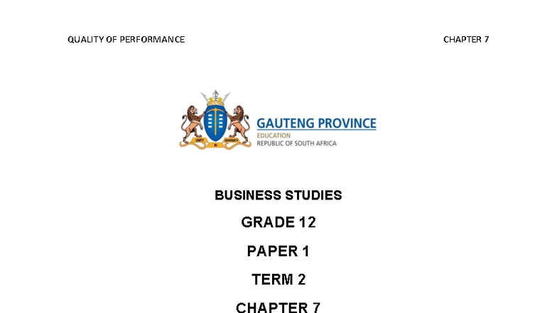 Grade 12 Business Studies: Chapter 7 Quality of Performance Revised ...
