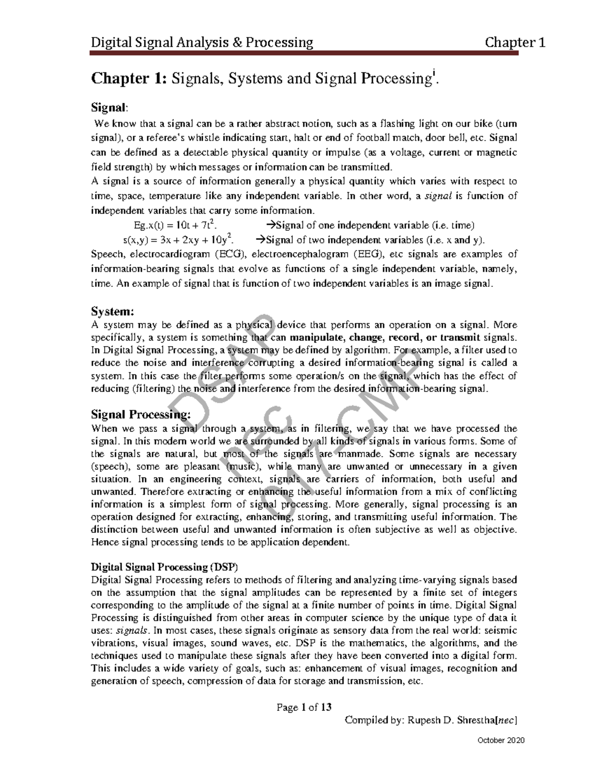 Digital Signal Analysis Processing (DSAP) Chapter 1: Signals and Systems - Studocu