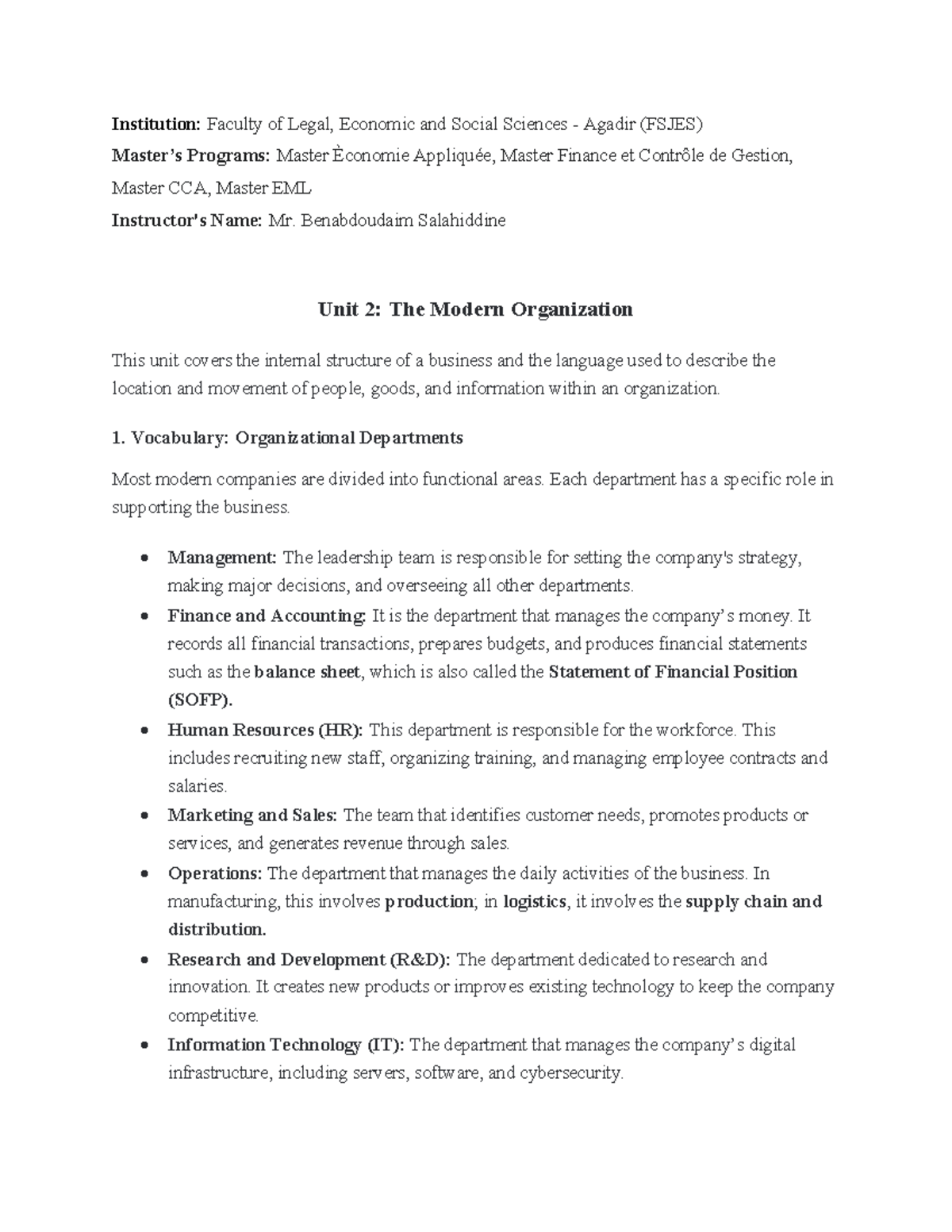 Unit 2: The Modern Organization - FSJES Master Programs Overview - Studocu