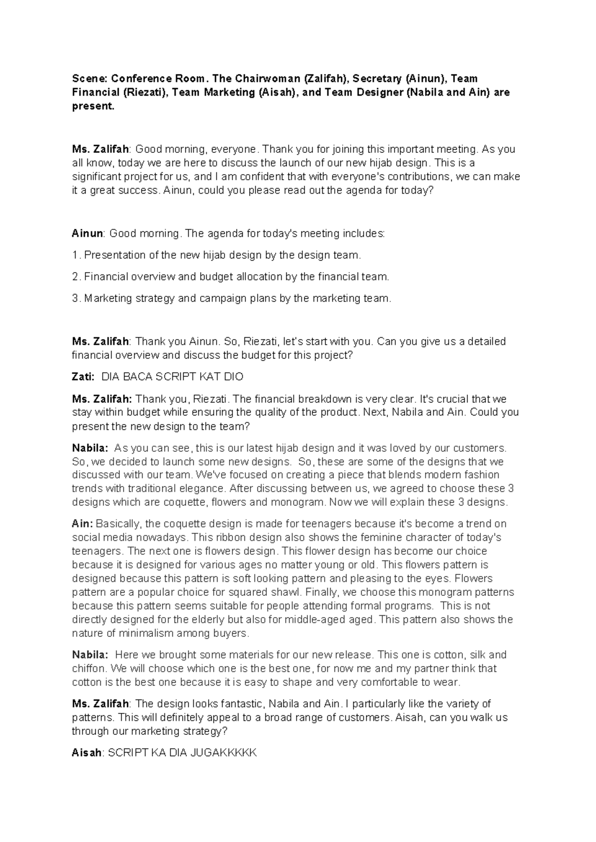 Mock Meeting Script for Hijab Design Launch Project - Studocu