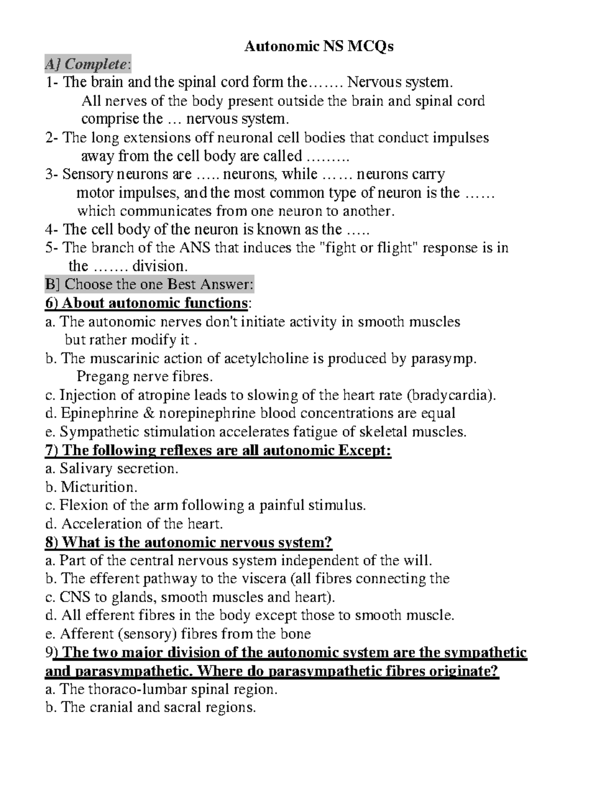 ANS questions - Autonomic nervous system revision. - Autonomic NS MCQs ...