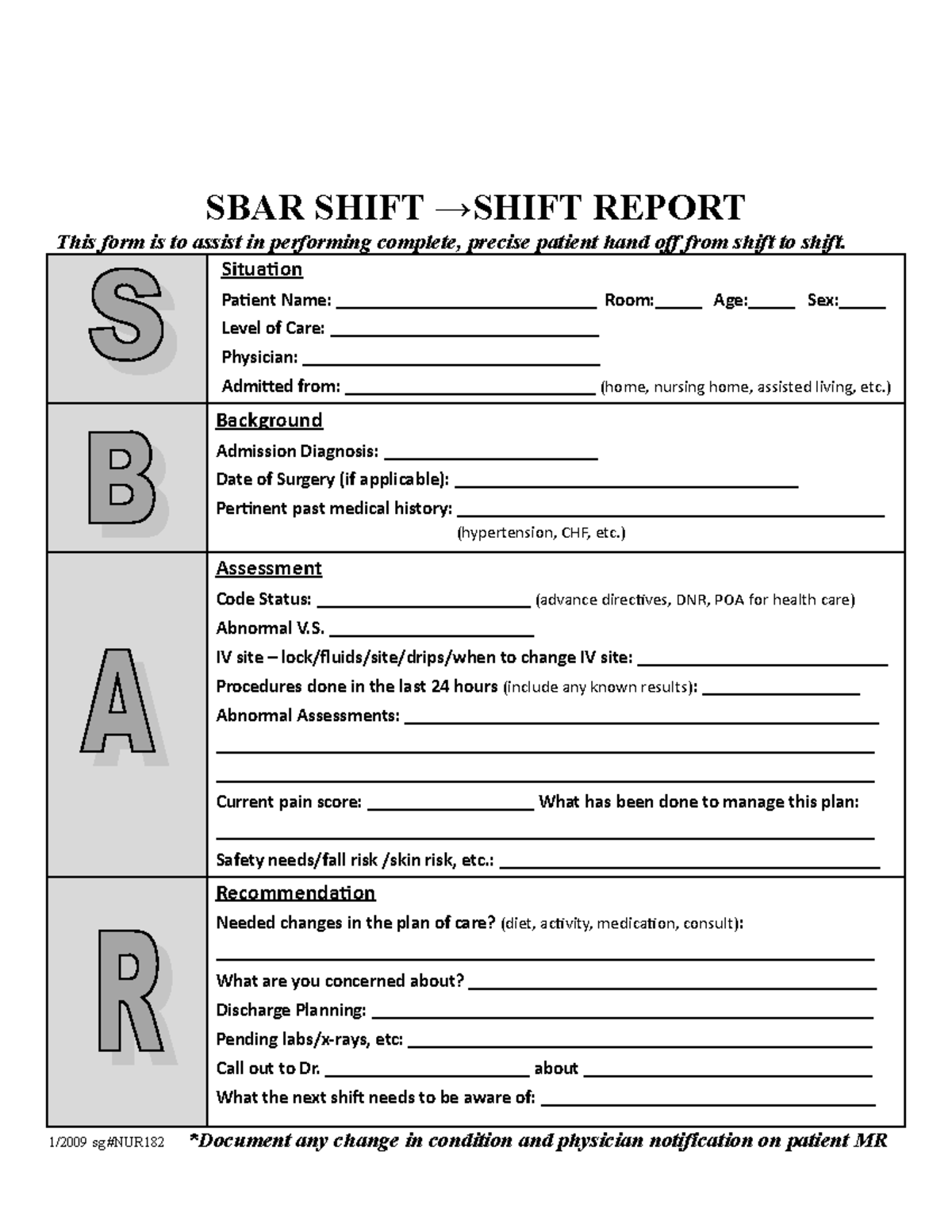 SBAR Shift Change Report Template for Nursing Handoffs #NUR182 - Studocu
