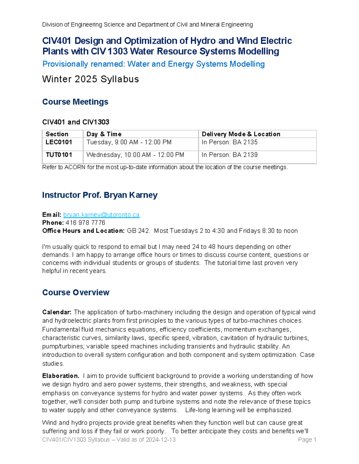 CIV401 1303 - Winter 2025 Syllabus: Hydro & Wind Energy Systems - Studocu