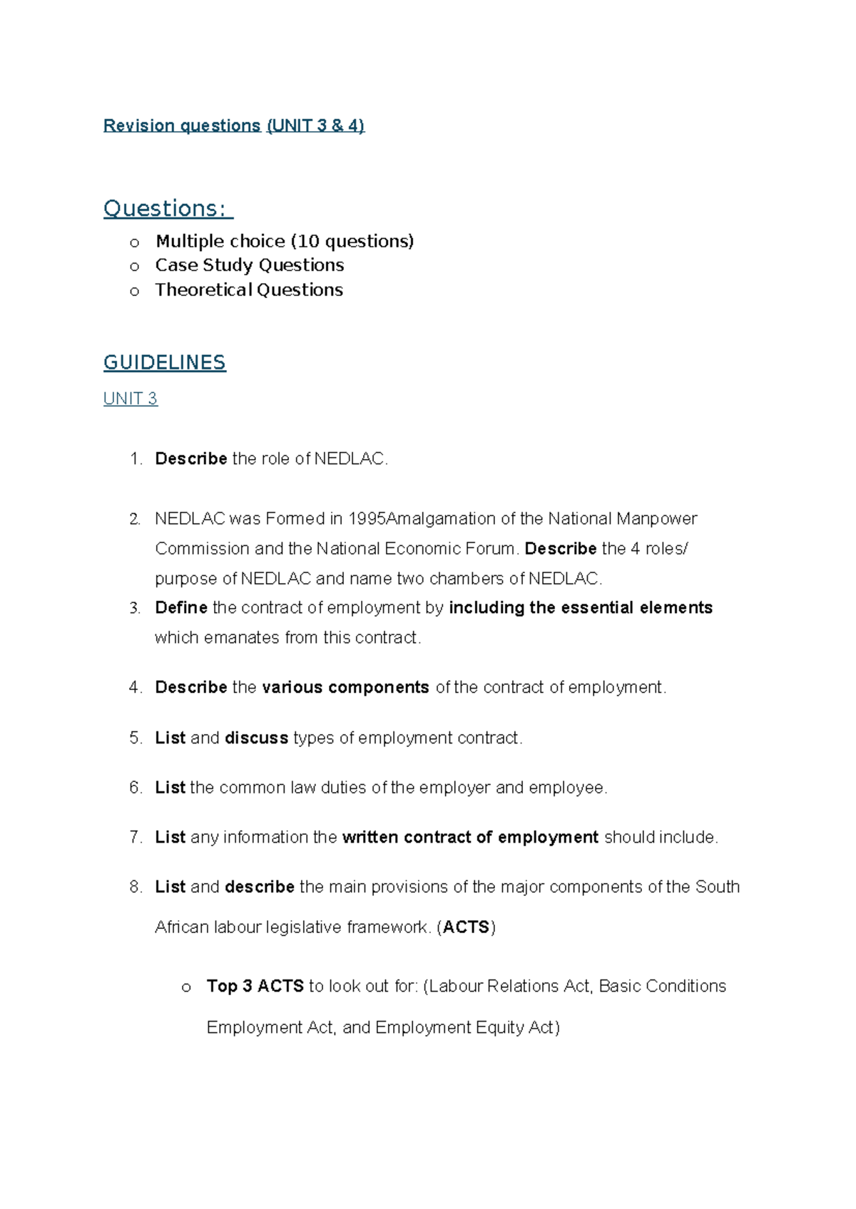 Semester TEST 2 Revision - Revision questions (UNIT 3 & 4) Questions: o ...