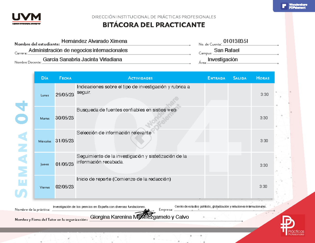 Bitácora de Prácticas Profesionales S04 - Ejemplo de Formato - Studocu