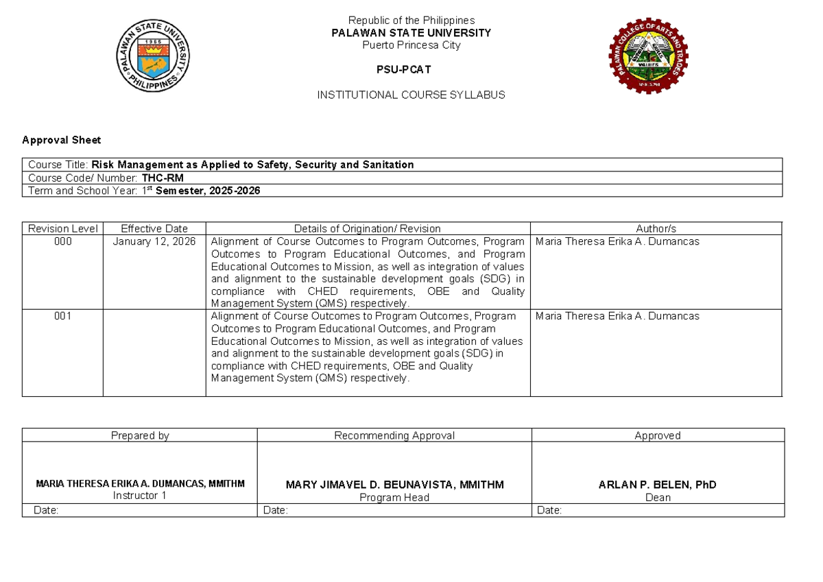 RISK MANAGEMENT SYLLABUS (001) for Safety, Security & Sanitation - Studocu