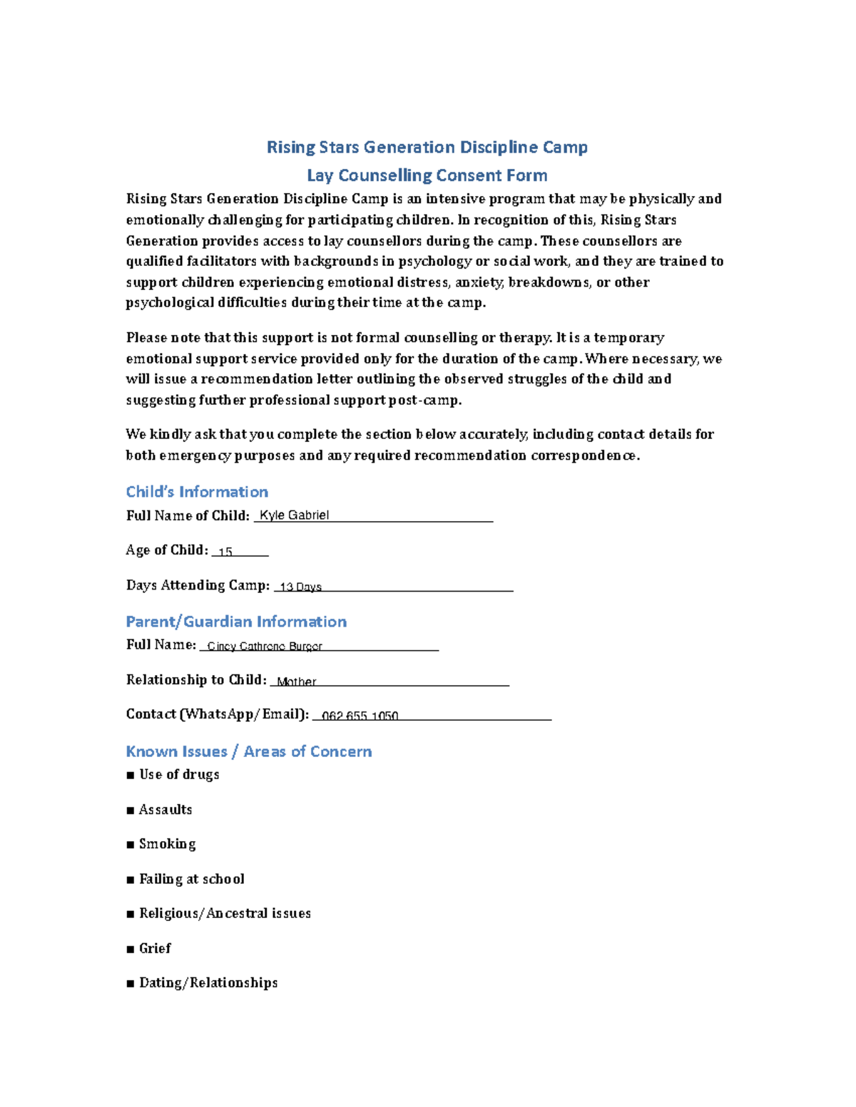 Rising Stars Gen. Discipline Camp Lay Counselling Consent Form - Studocu