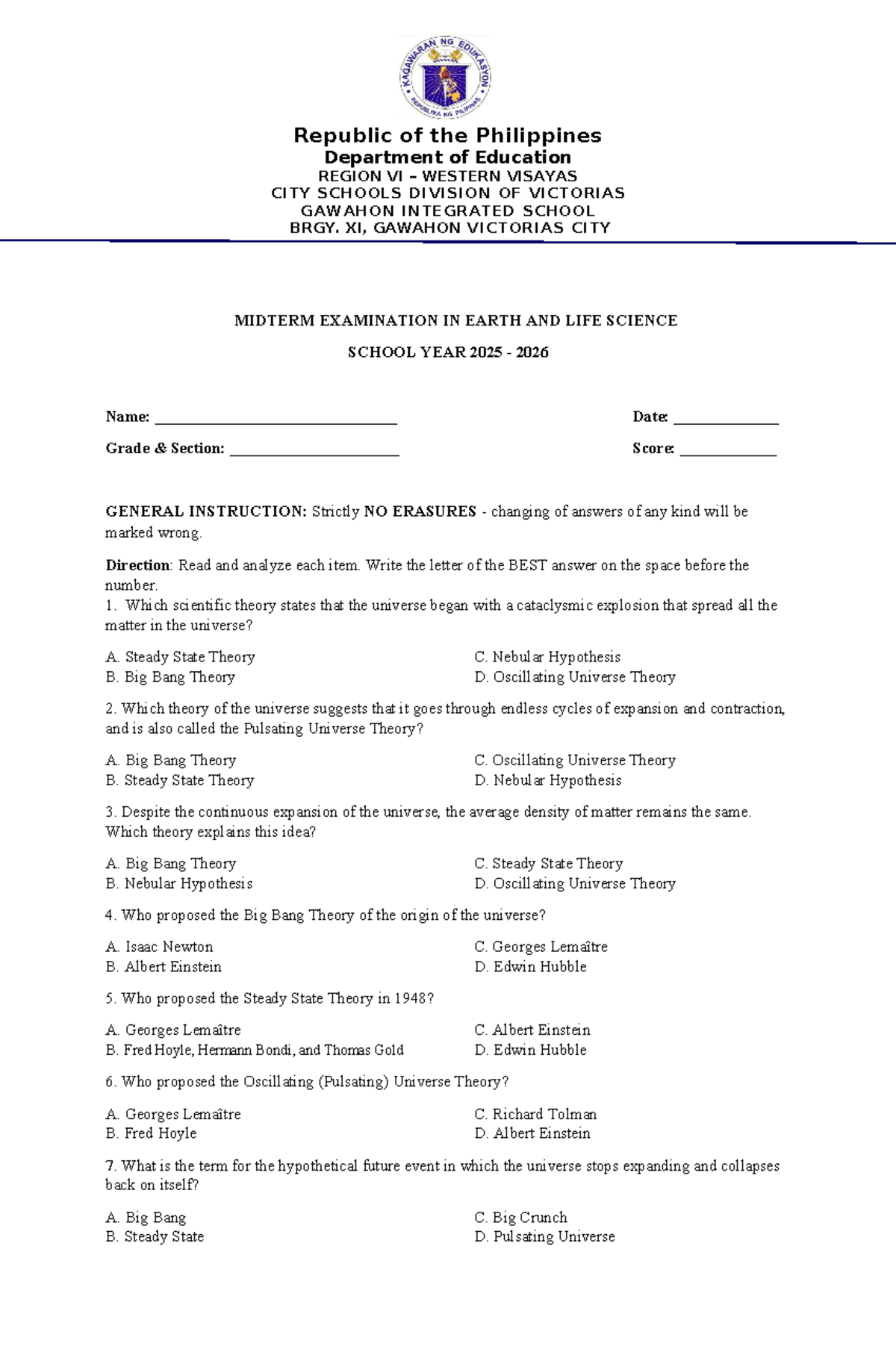 Earth and Life Science MIDTERM EXAM 2025-2026 - Studocu