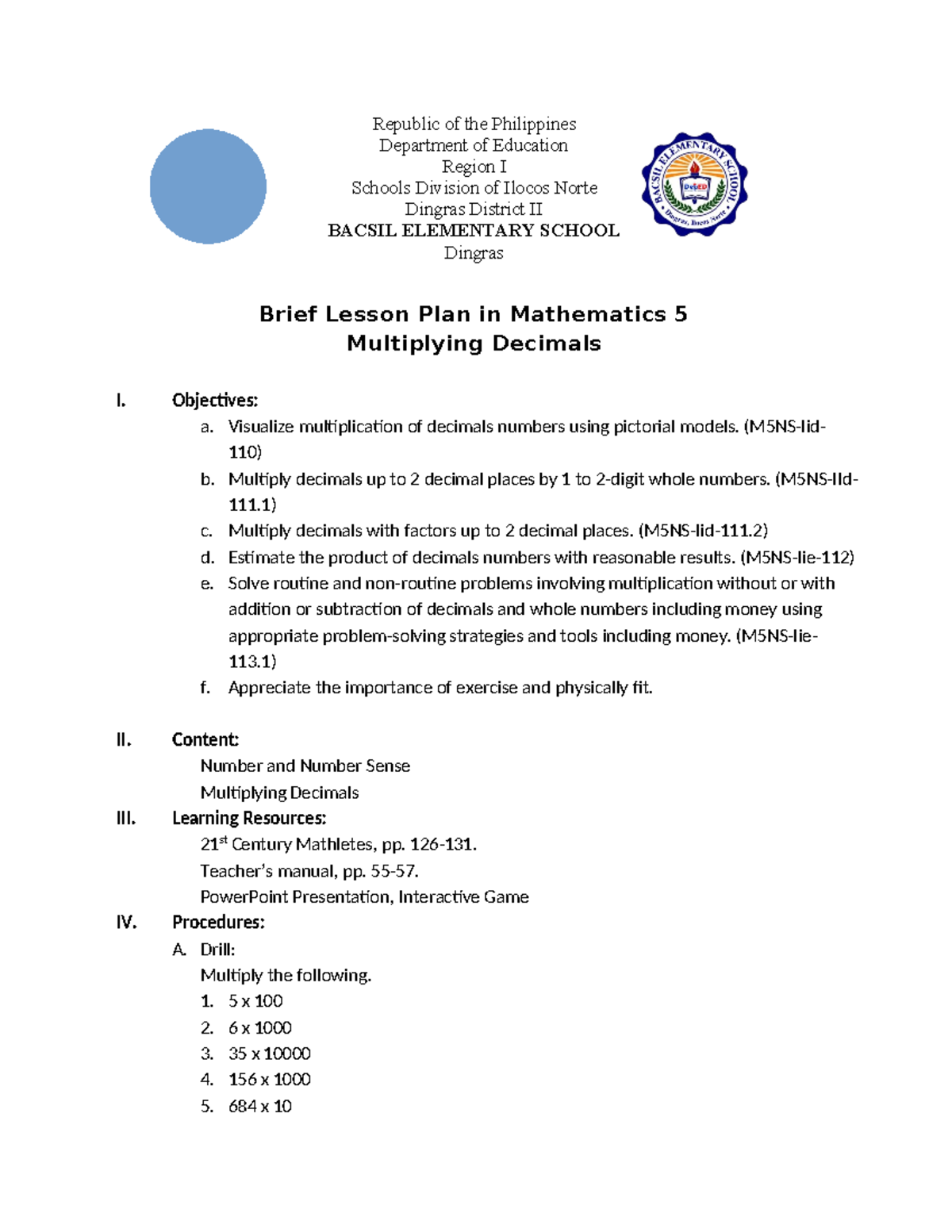 423078835 Lesson Plan for Grade 5 Math: Multiplying Decimals - Studocu