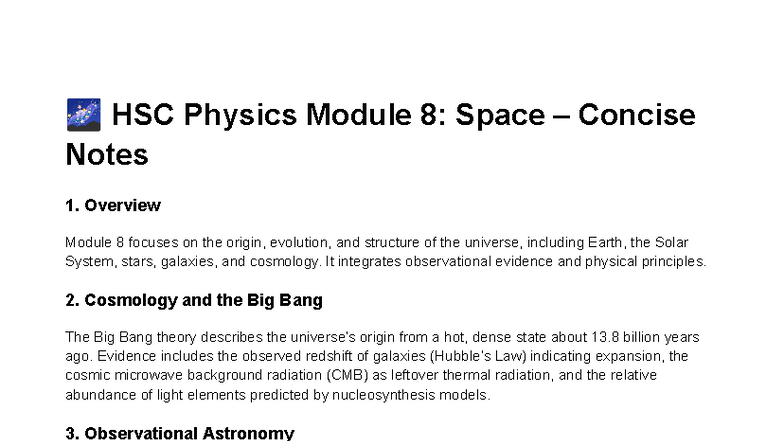 HSC Physics Module 8: Space Overview and Key Concepts Notes - Studocu