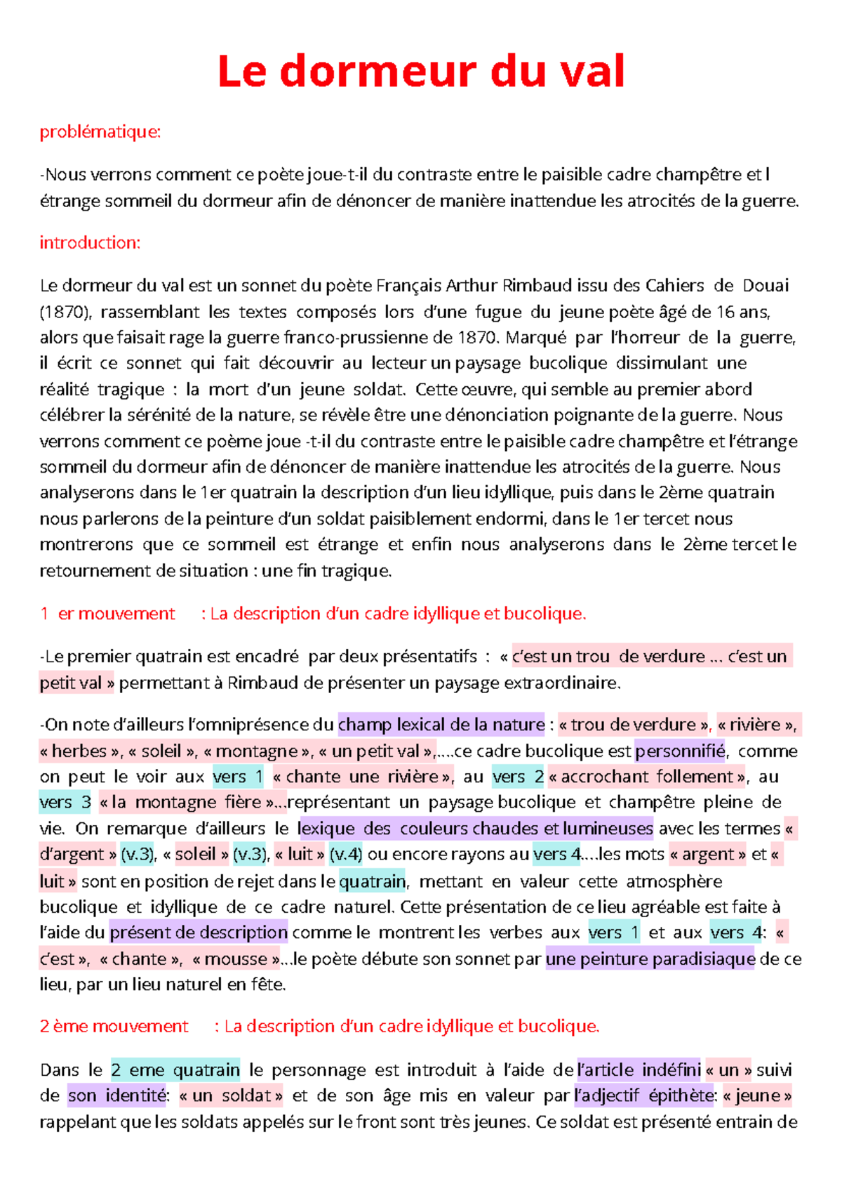 Analyse du poème "Le dormeur du val" - Rimbaud (Français 101) - Studocu