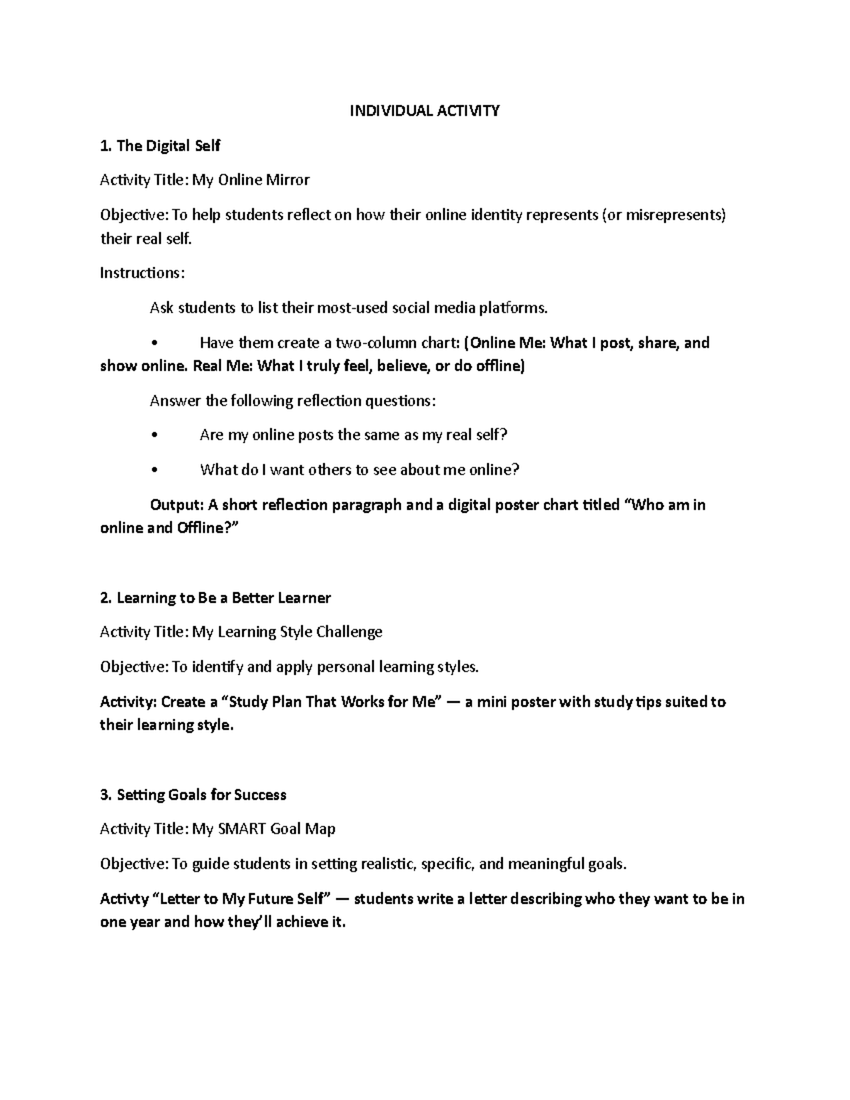 INDIVIDUAL ACTIVITY 1: Reflecting on the Digital Self and Learning ...