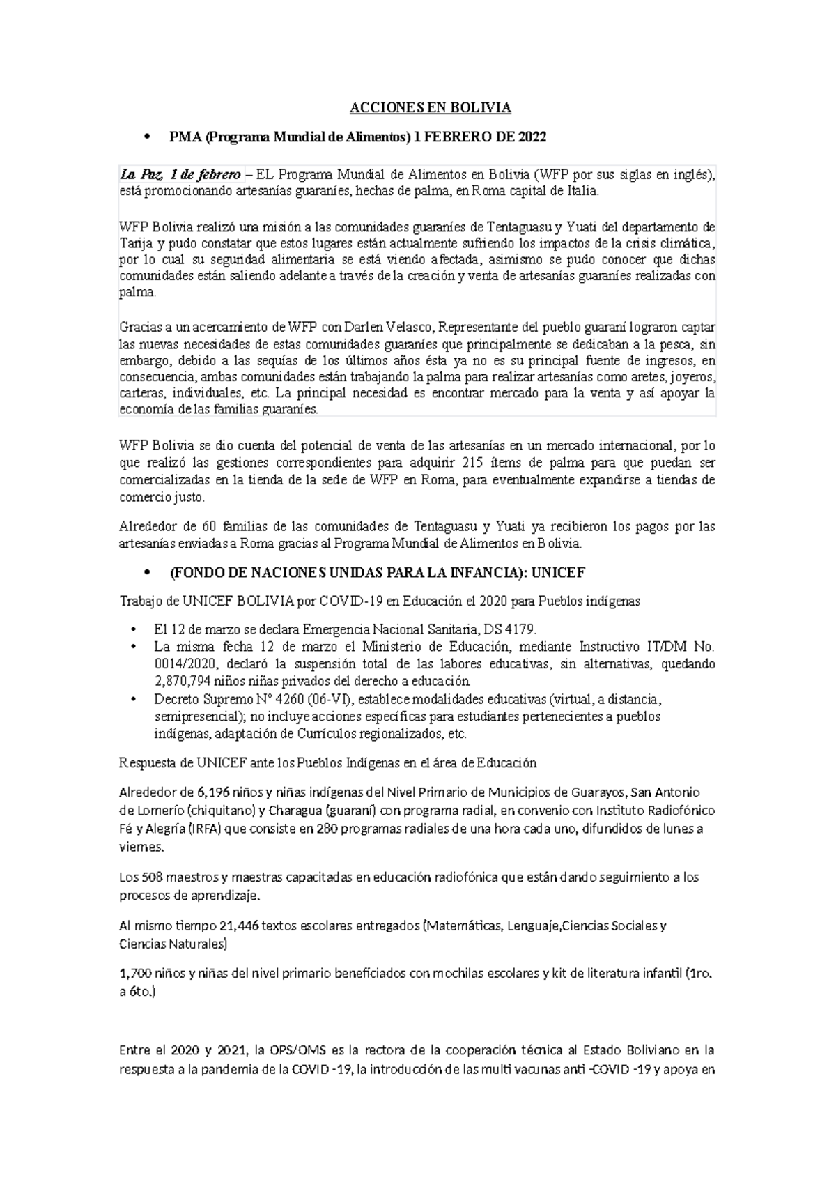 Acciones de la ONU en Bolivia: WFP y UNICEF 2020-2022 - Studocu