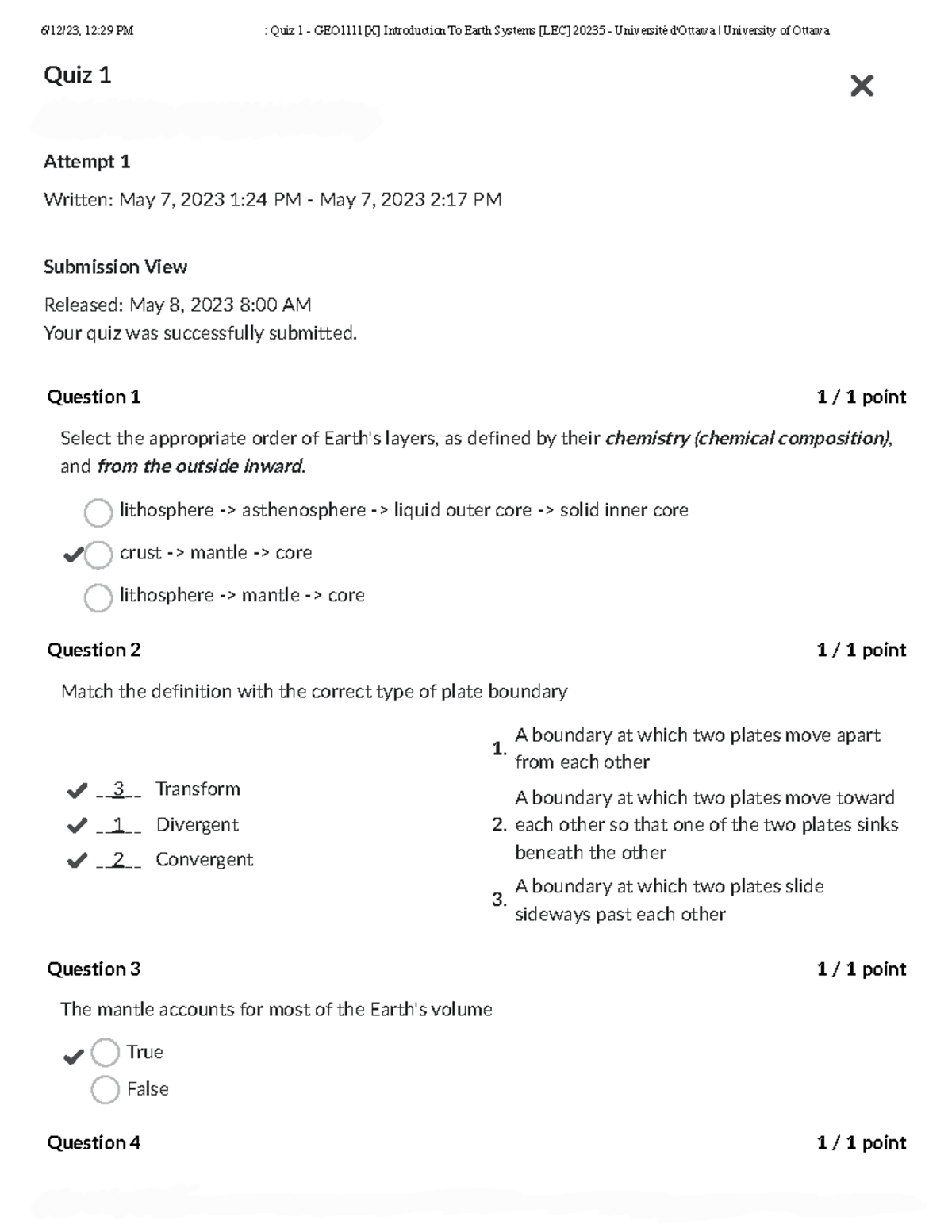 GEO1111 Quiz 1: Introduction to Earth Systems Overview 20235 - Studocu