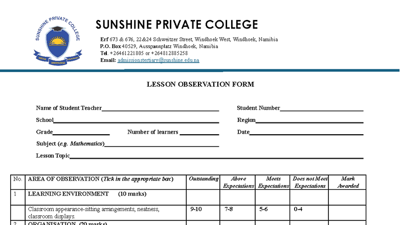 SUNSHINE PRIVATE COLLEGE Lesson Observation Form - Studocu