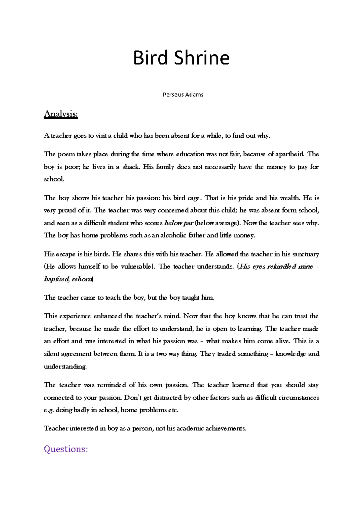 Analysis of "Bird Shrine" Poem on Education and Passion - Studocu