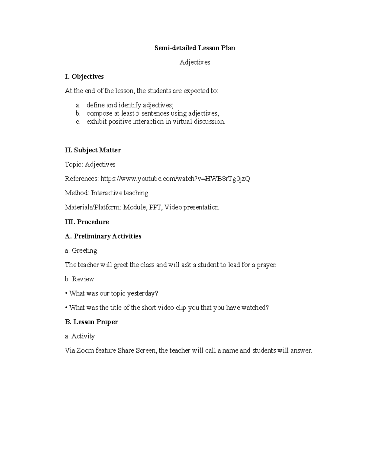 Adjectives Semi-detailed Lesson Plan - Semi-detailed Lesson Plan ...
