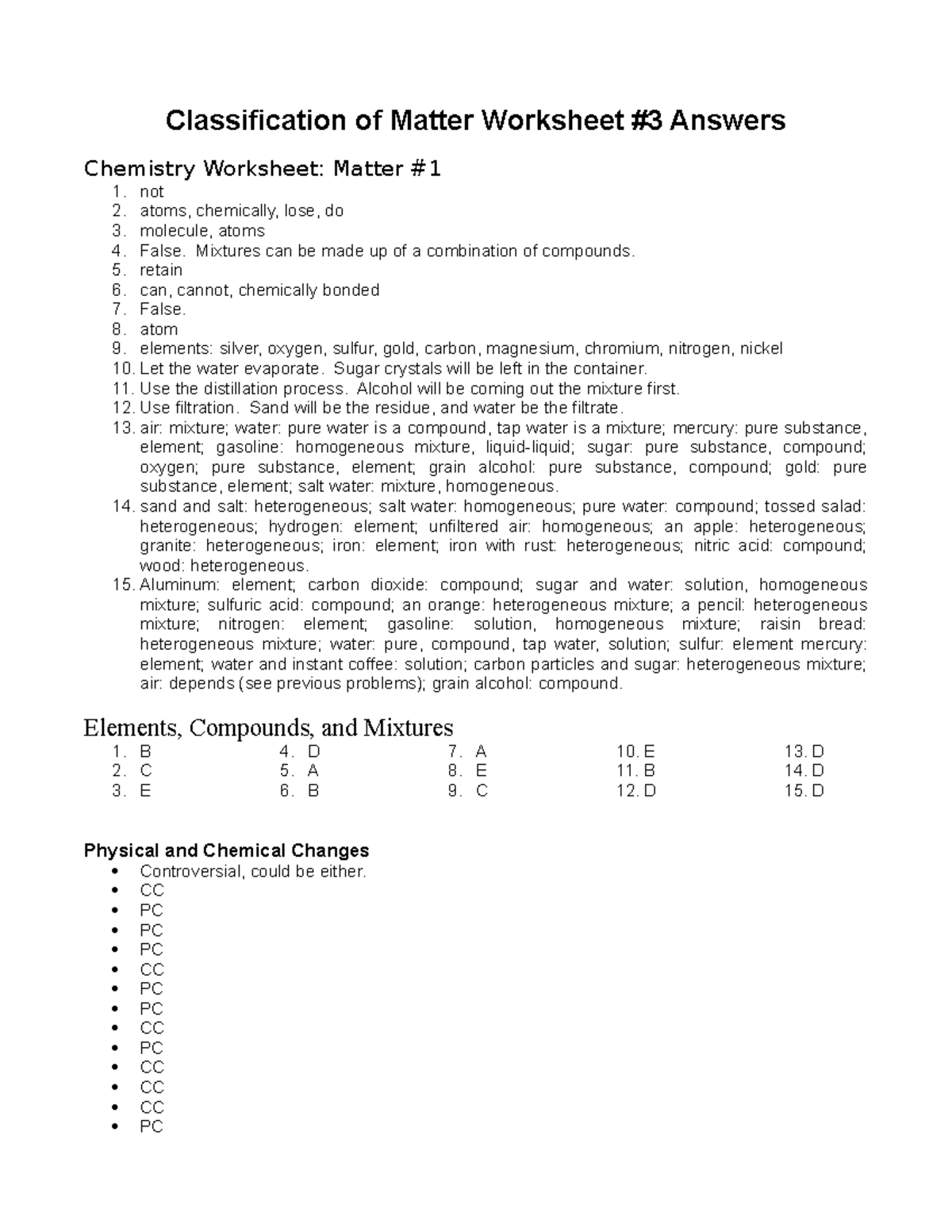 Classification of Matters Worksheet 3 Answers - Classification of ...