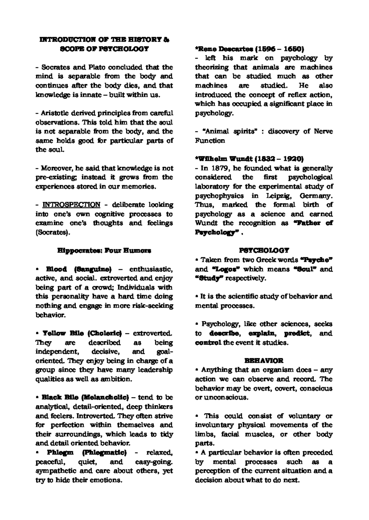 Introduction to Psychology Lecture Notes - Studocu