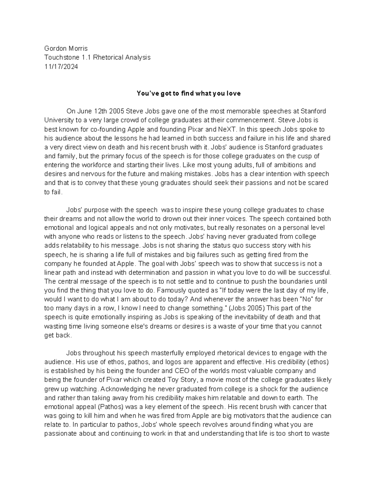 Touchstone 1.1 Rhetorical Analysis of Steve Jobs' Commencement Speech ...