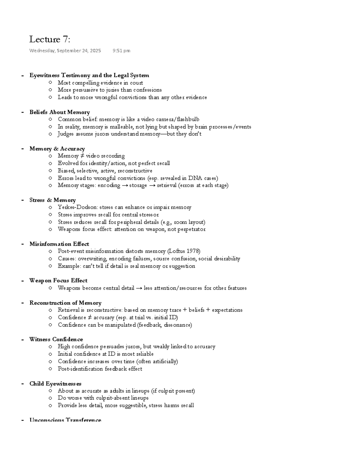 Lecture 7: Eyewitness Testimony & Memory Accuracy Analysis - Studocu